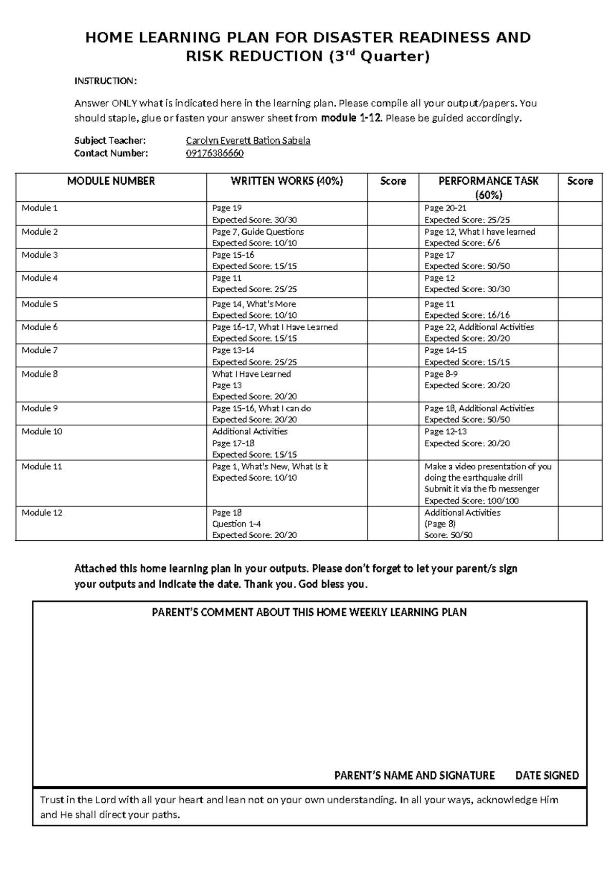 HOME Learning PLAN FOR DRRR - Trust in the Lord with all your heart and ...