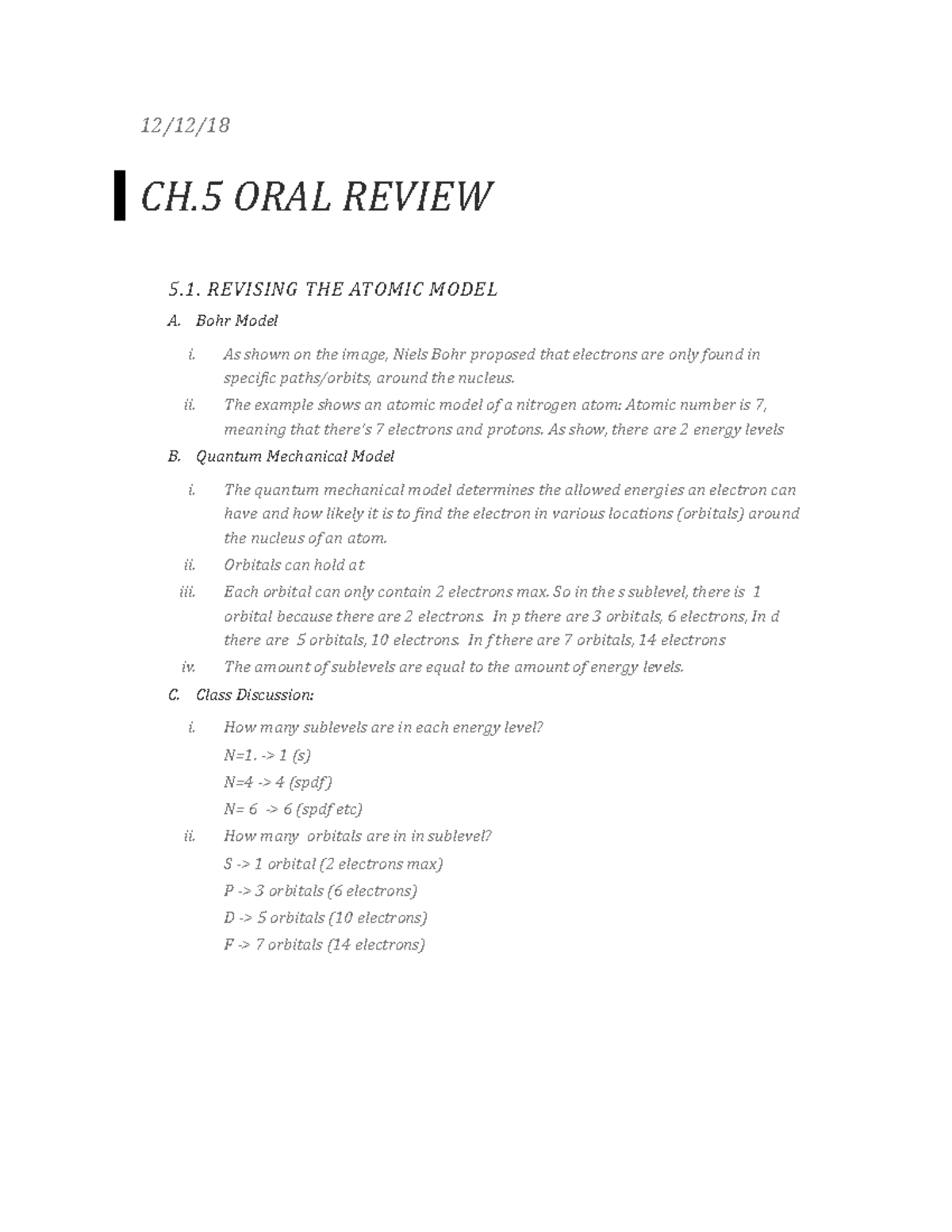 Oral review notes - 12/12/ CH ORAL REVIEW 5. REVISING THE ATOMIC MODEL ...