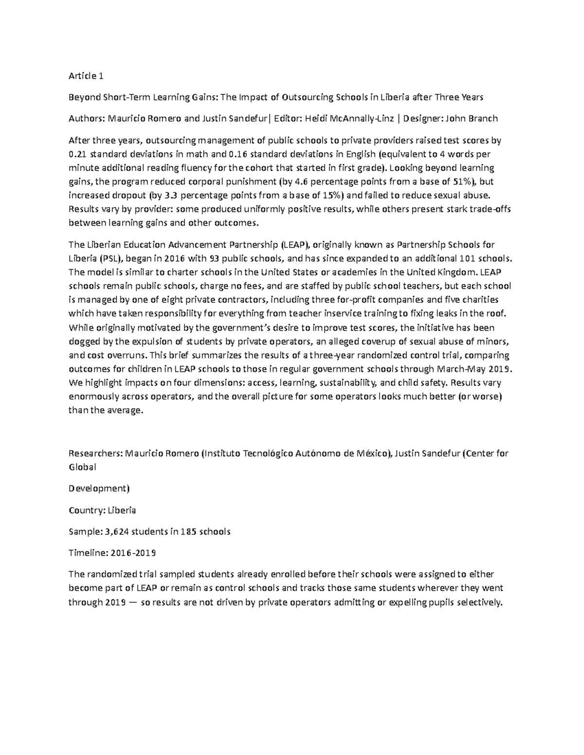 IPA Policy Brief - wefwf - Article 1 Beyond Short-Term Learning Gains ...