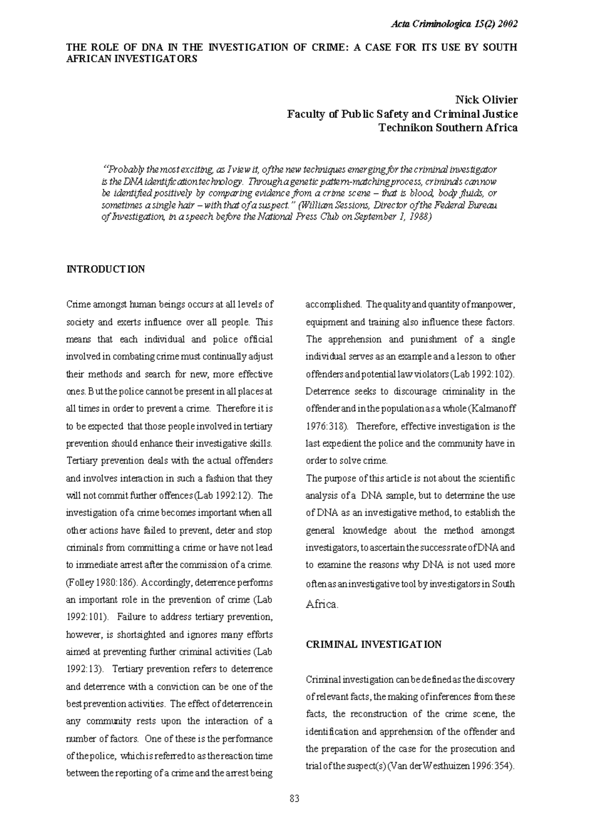 The role of DNA in the investigation of crime - THE ROLE OF DNA IN THE ...