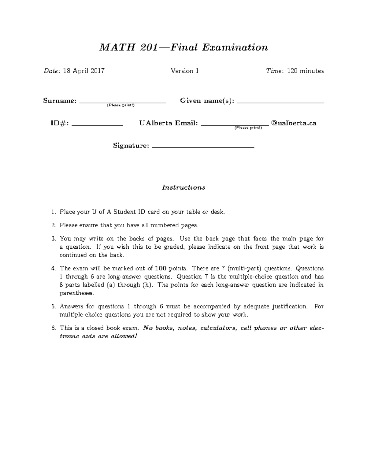 Final Exam 2017 - MATH 201—Final Examination Date: 18 April 2017 ...