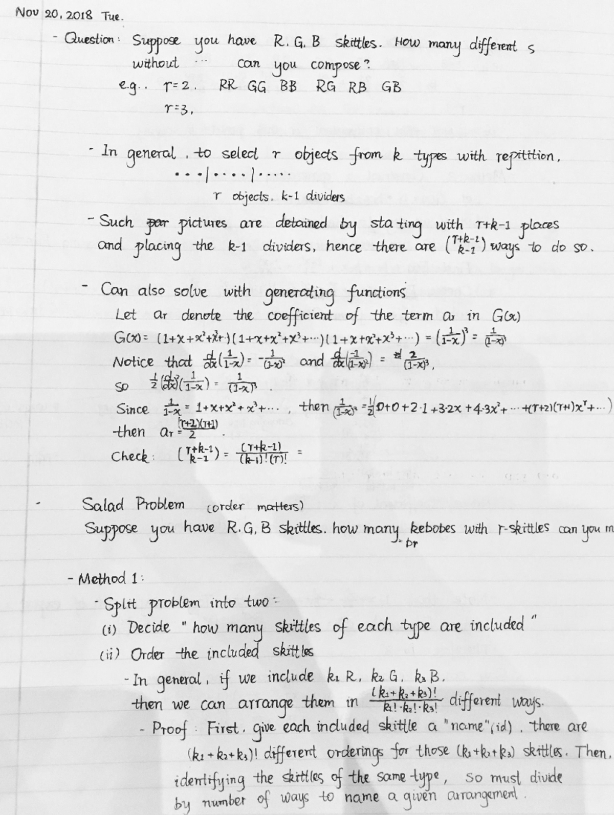MAT344-Generating Functions - NOV 9-0. 2018 Tue. ‘ Quesﬁon‘» Suffose, you have R. G. B Skffﬂzs ...