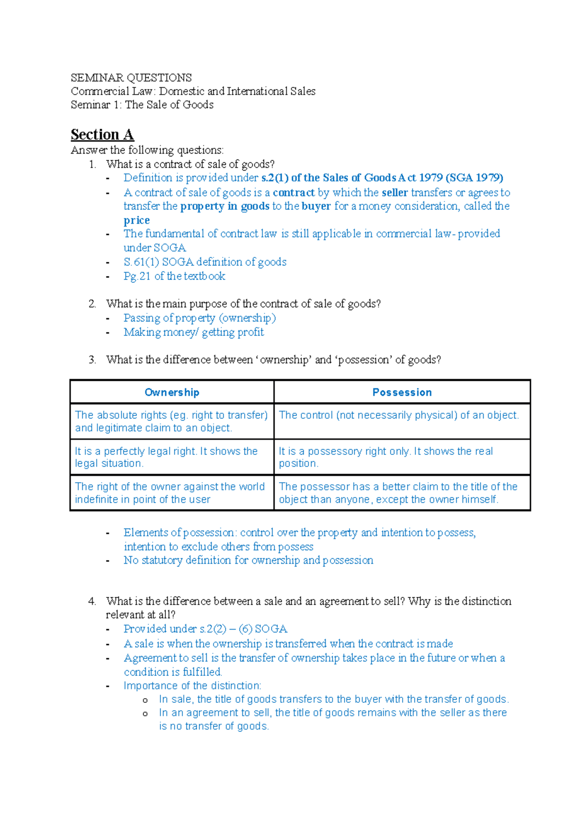 Seminar 1 - SEMINAR QUESTIONS Commercial Law: Domestic and ...