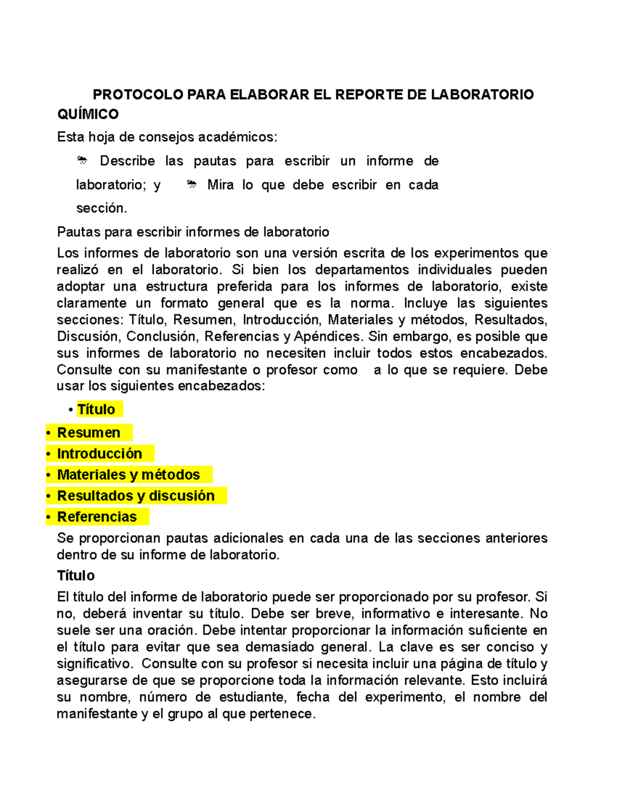 Partes DEL Informe - PROTOCOLO PARA ELABORAR EL REPORTE DE LABORATORIO ...