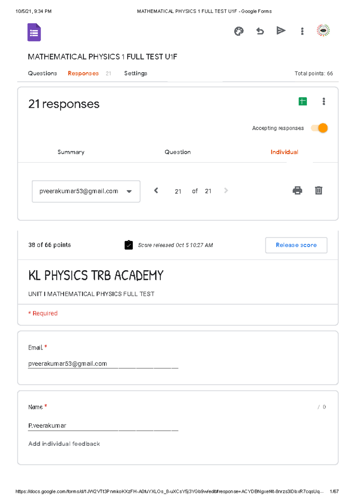 Mathematical Physics 1 FULL TEST U1F - Google Forms - Veera - M.Sc ...