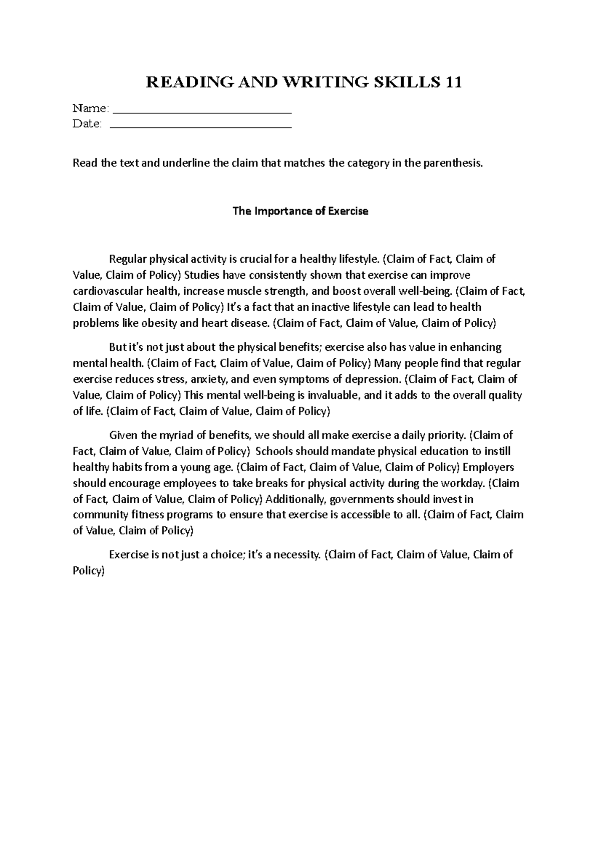 Reading AND Writing Skills 11 - READING AND WRITING SKILLS 11 Name ...