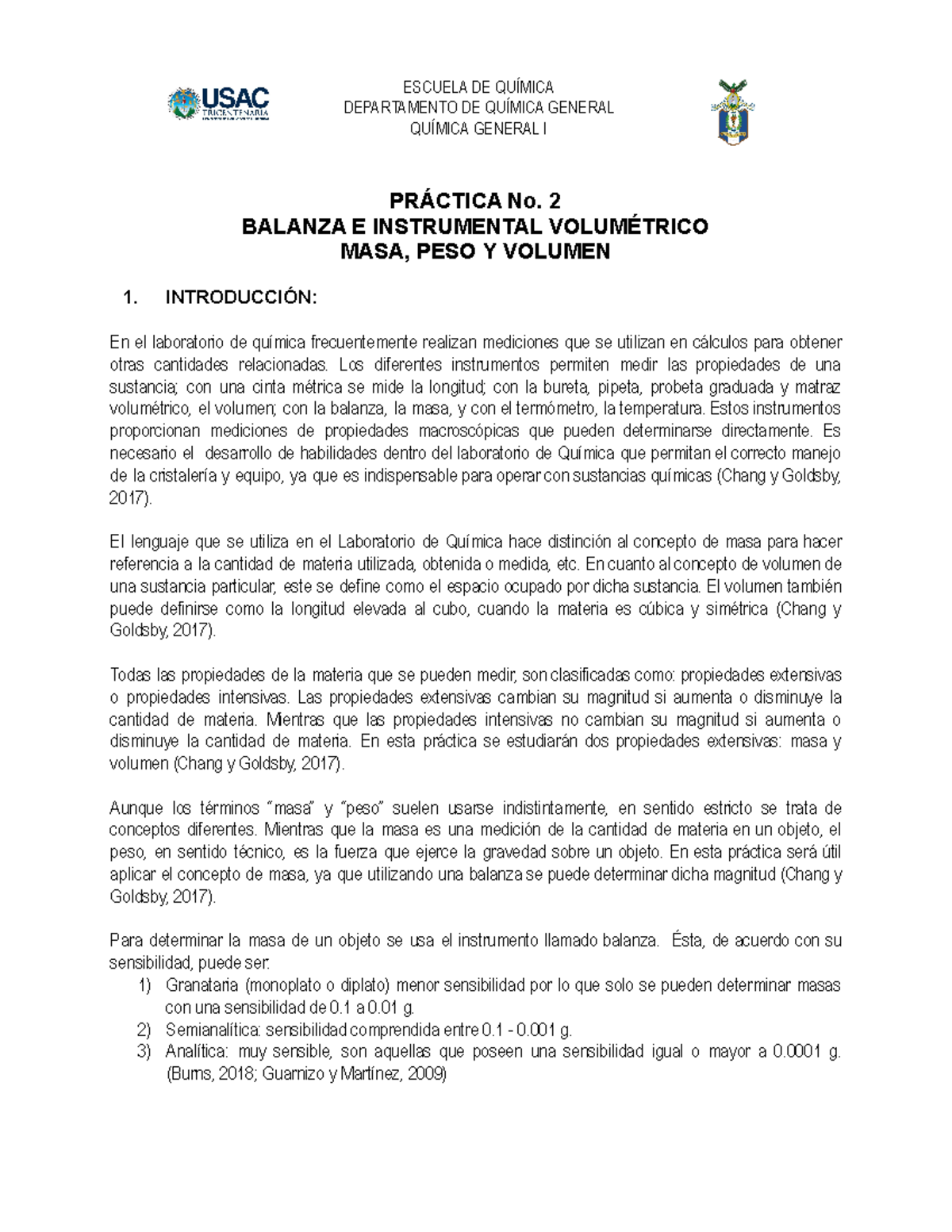 Práctica No. 2 Balanza e Instrumental Volumétrico, masa, peso y volumen - ESCUELA DE QUÍMICA ...