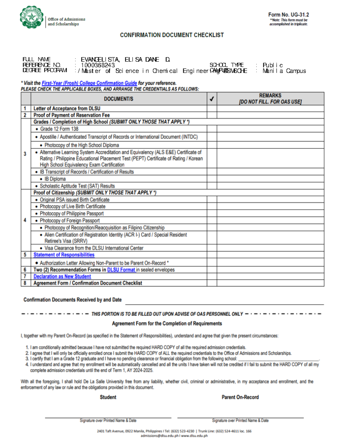 1000368243 Confirmation Docu Chk - de la salle forms - EVANGELISTA ...