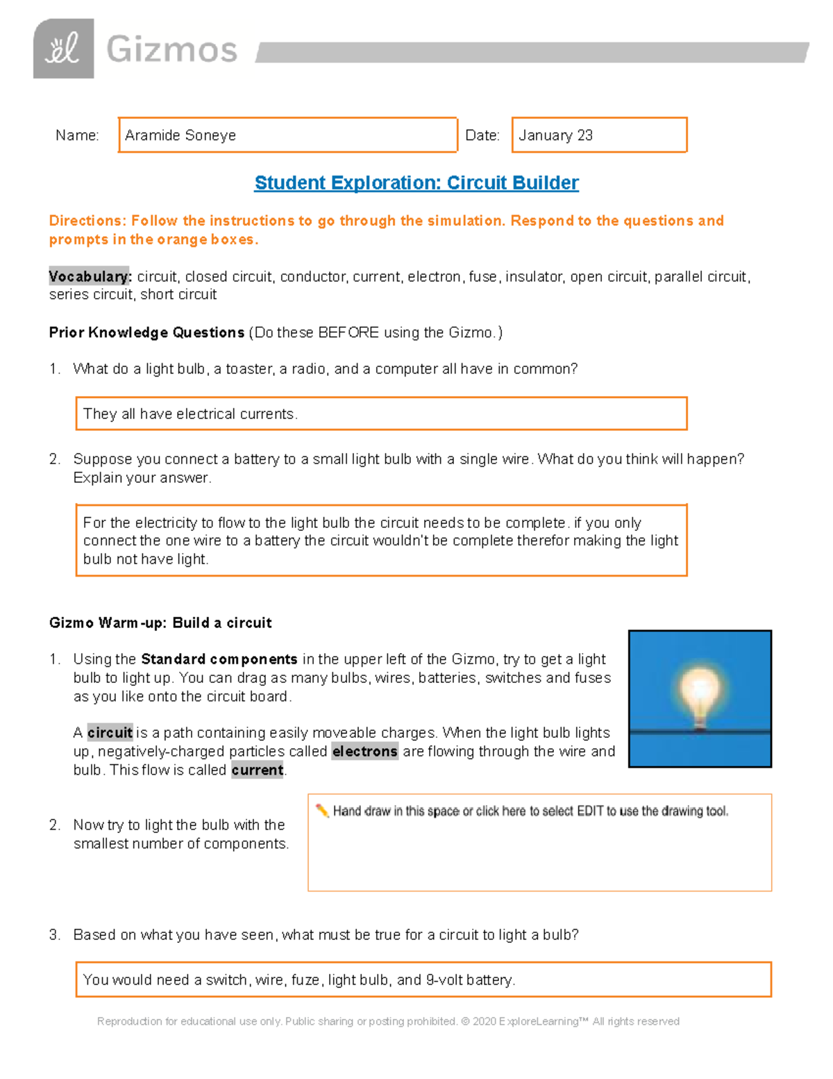 Circuit Builder Gizmos - Name: Aramide Soneye Date: January 23 Student ...