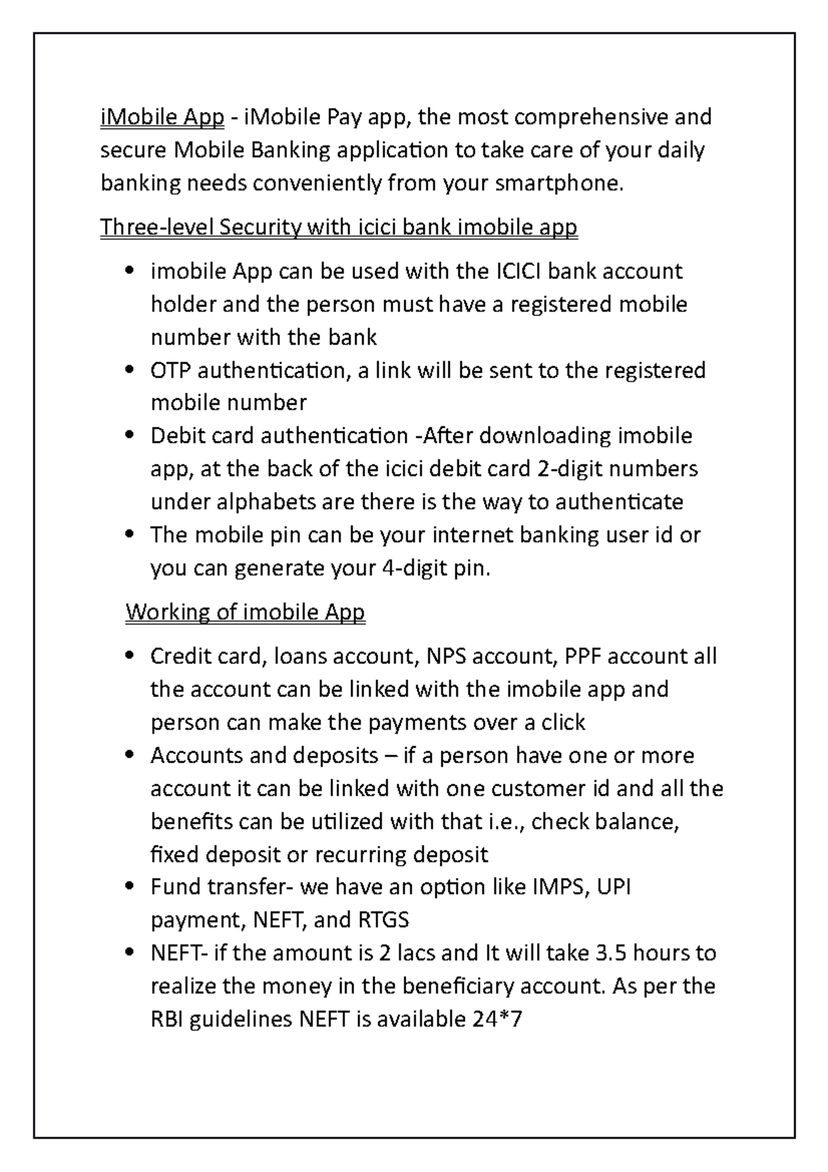 Pointers i Mobile App - ICICI Bank internship - iMobile App - iMobile Pay app, the most - Studocu