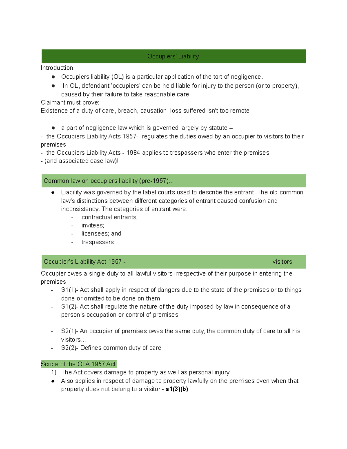 (cycle 1) Occupiers’ Liability - Occupiers’ Liability Introduction Occupiers liability (OL) is a ...