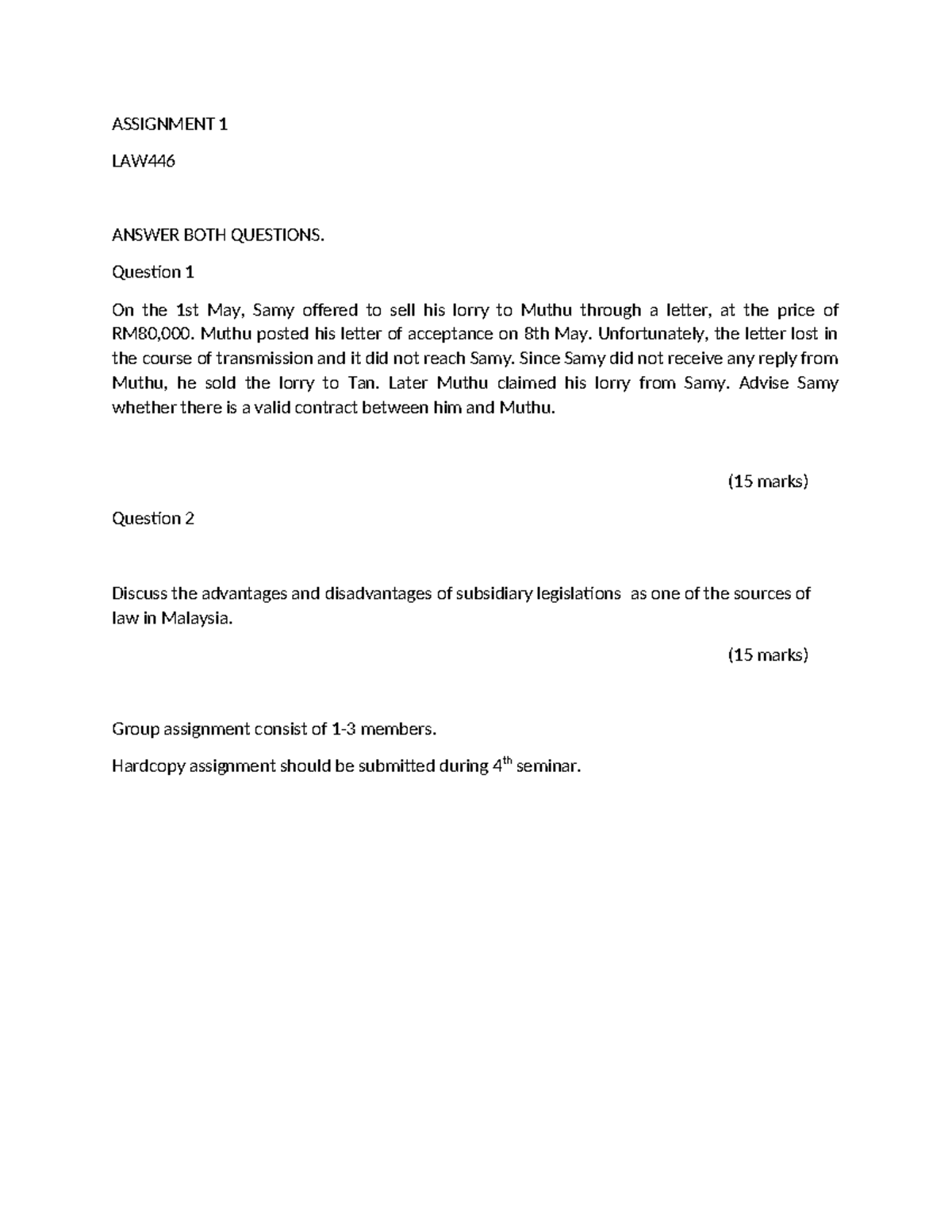 Assignment 1 LAW416 - ASSIGNMENT 1 LAW ANSWER BOTH QUESTIONS. Question ...