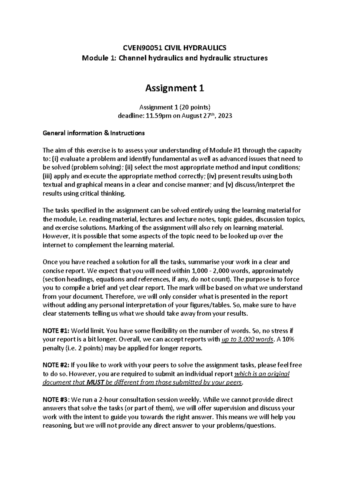 Assignment 1 task sheet - CVEN90051 CIVIL HYDRAULICS Module 1: Channel hydraulics and hydraulic ...