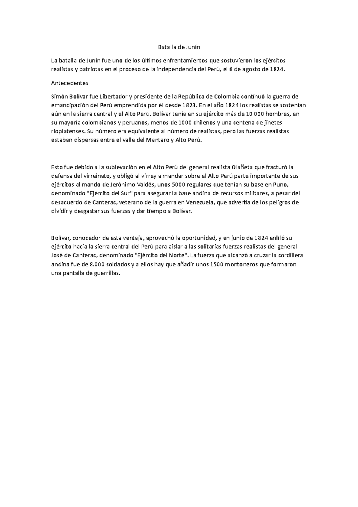 Batalla de Junín descripción resumen bueno - Batalla de Junín La batalla de Junín fue uno de los ...