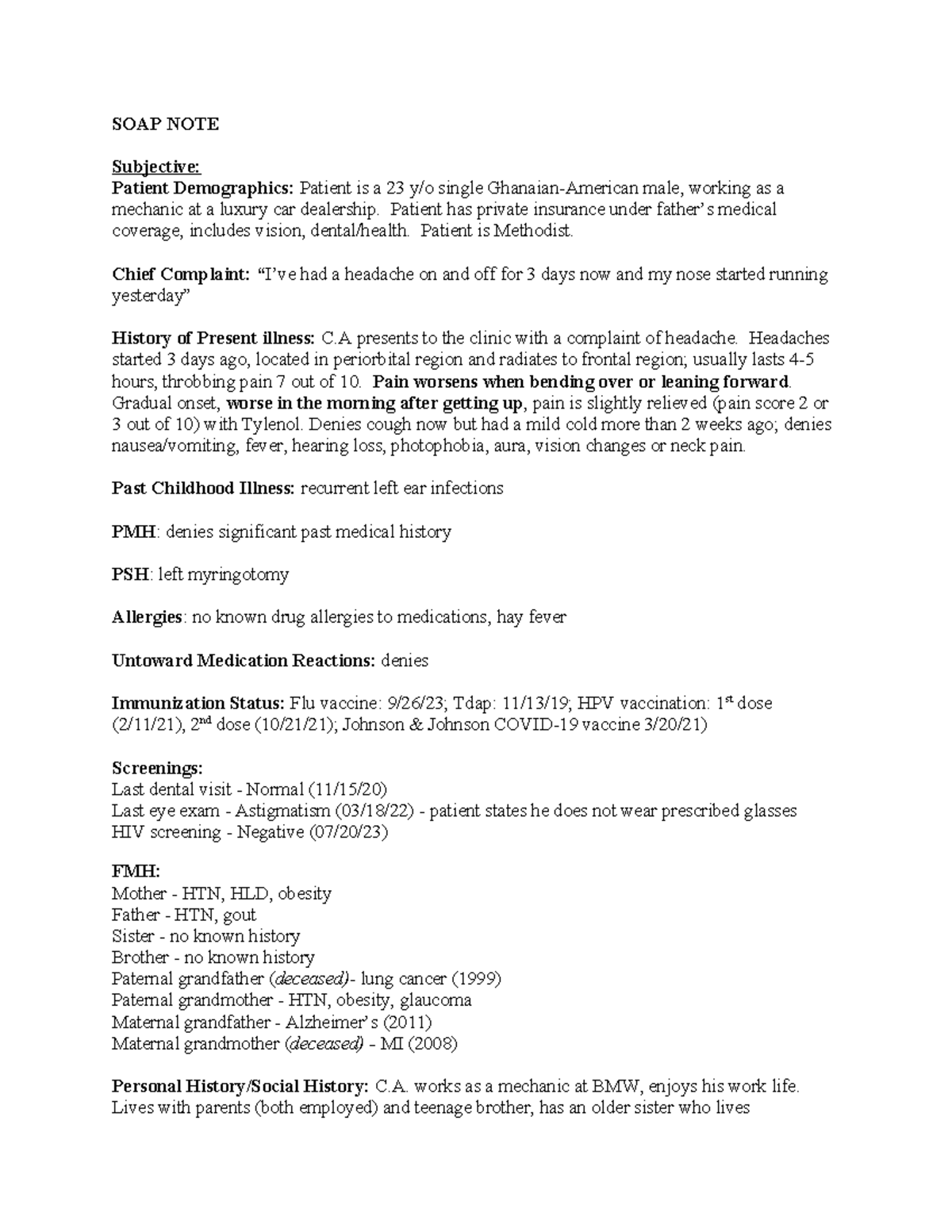 NUR 634 SOAP Note # 1 - SOAP note of patient with a chief complaint of ...