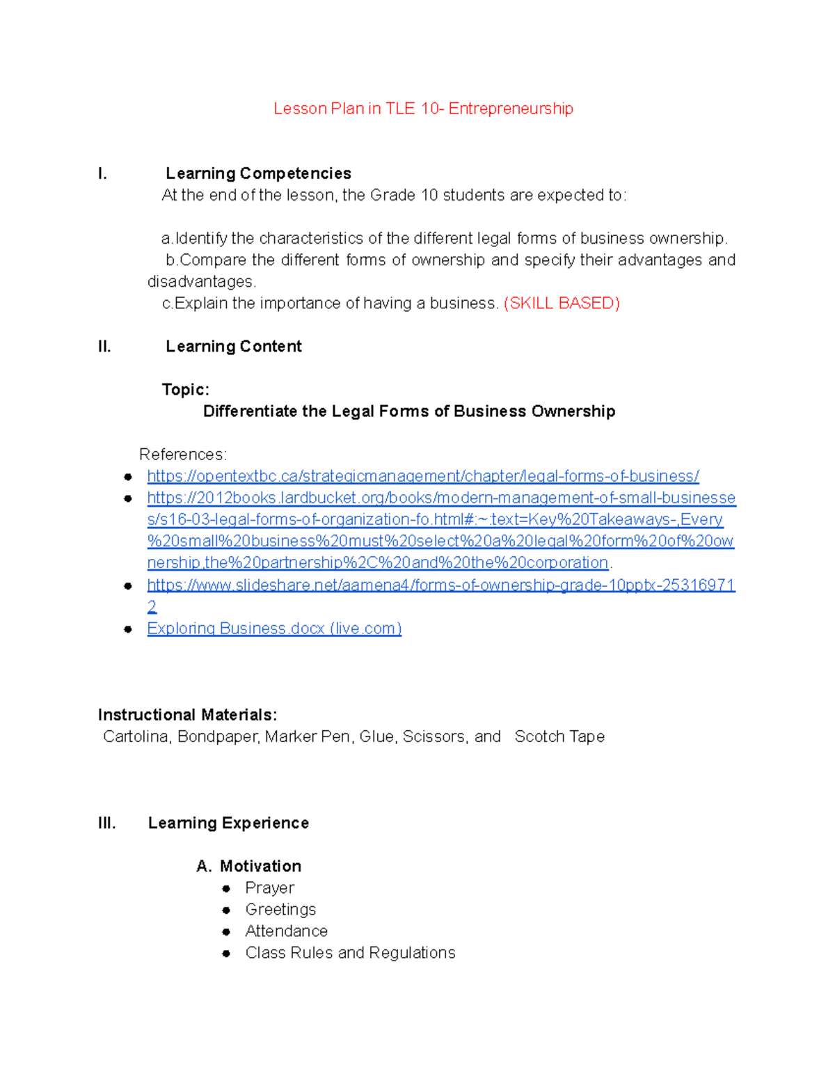 Forms of Business Ownership - Lesson Plan in TLE 10- Entrepreneurship I ...