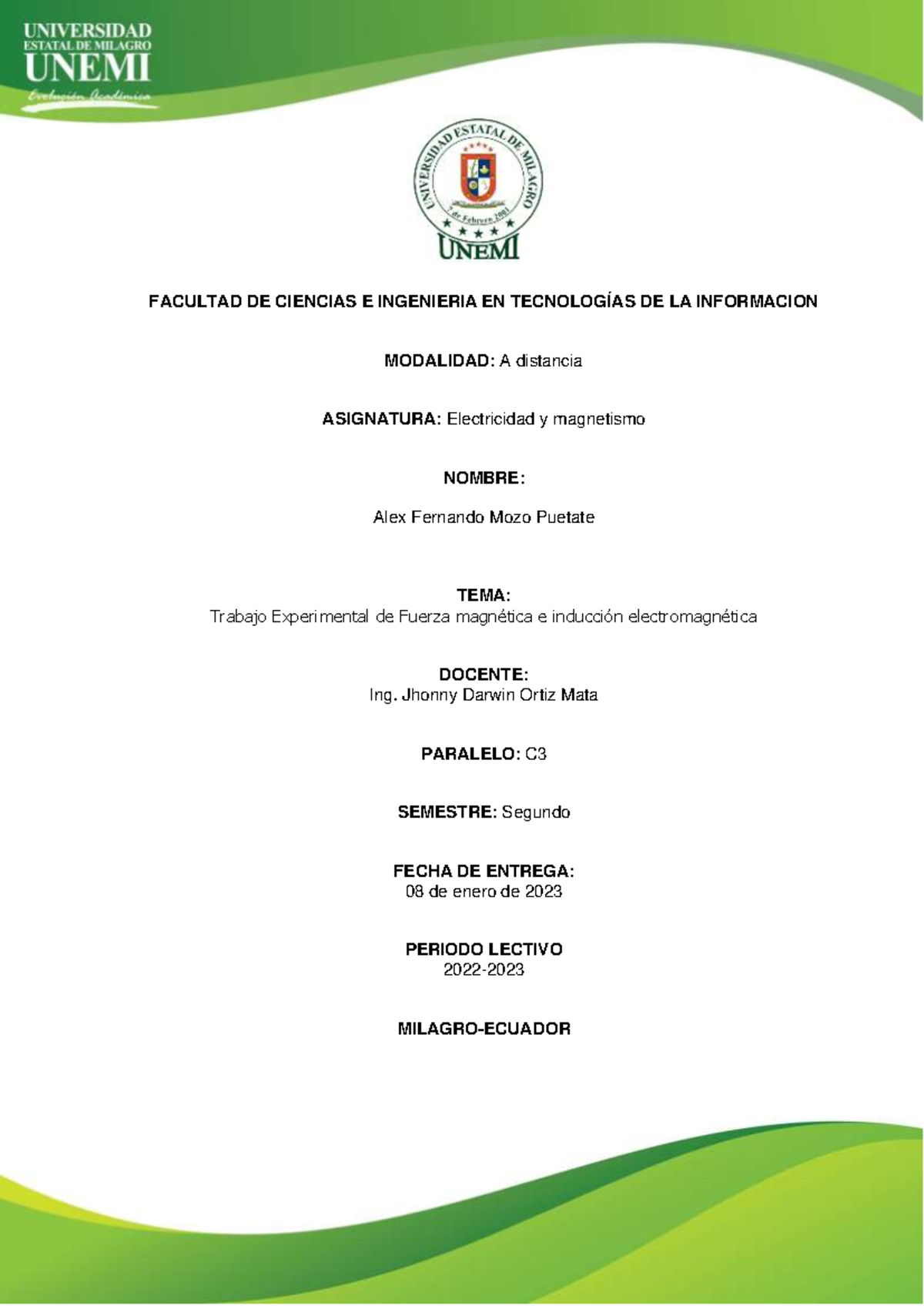 Experimento ALEX MOZO - deber - FACULTAD DE CIENCIAS E INGENIERIA EN ...