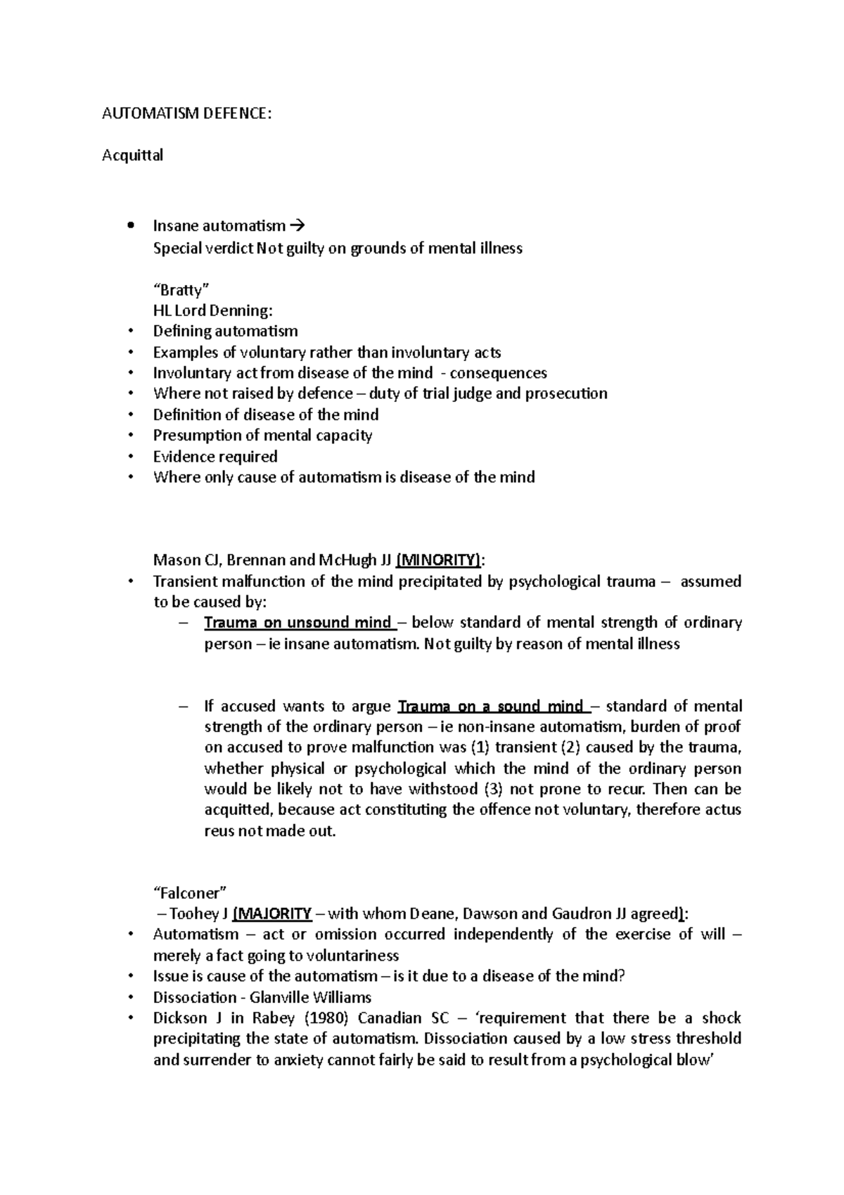 NOTE FOR THE DEFENCE OF AUTOMATISM - CRIMINAL LAW - AUTOMATISM DEFENCE ...
