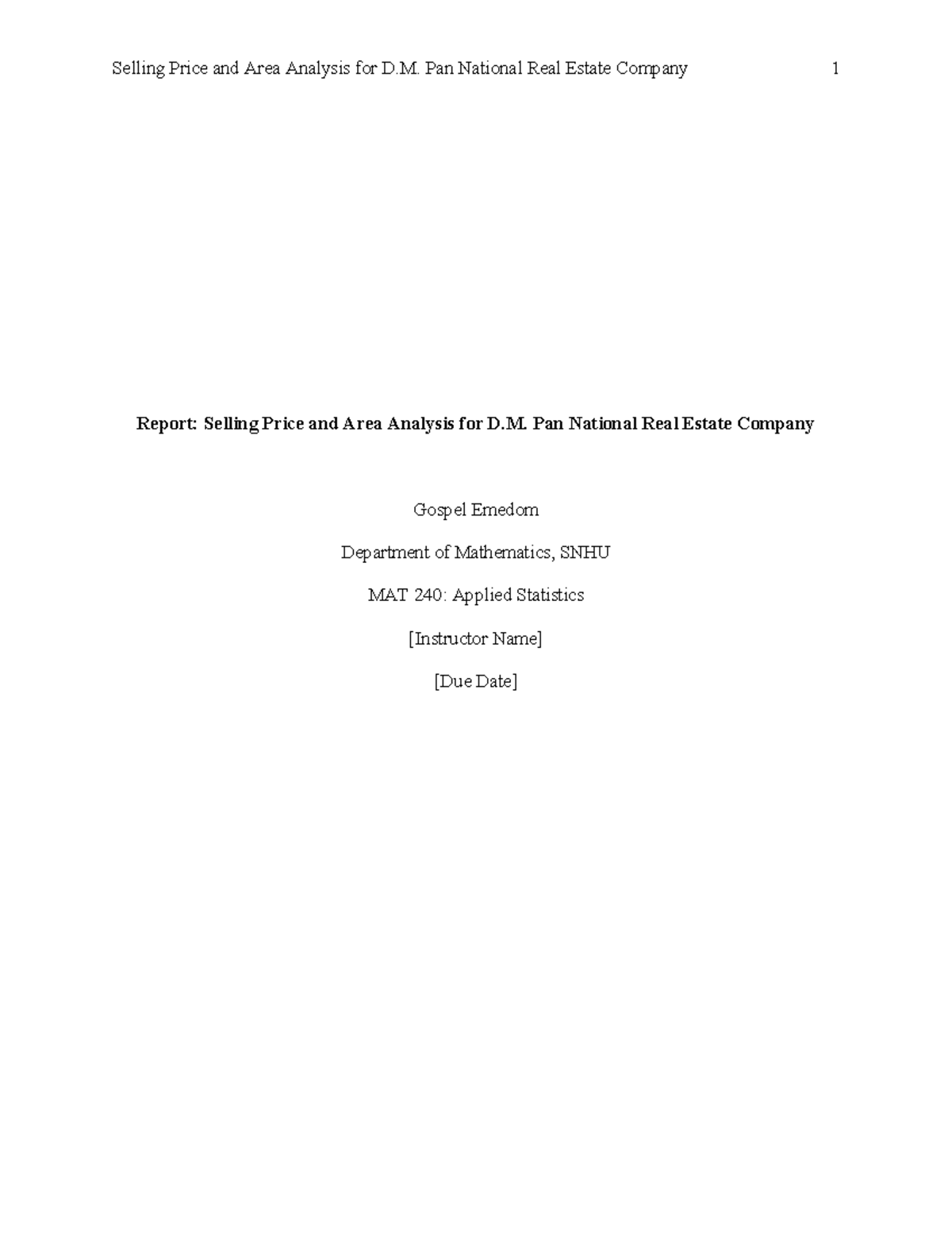 MAT 240 Module Two Assignment - Selling Price and Area Analysis for D ...