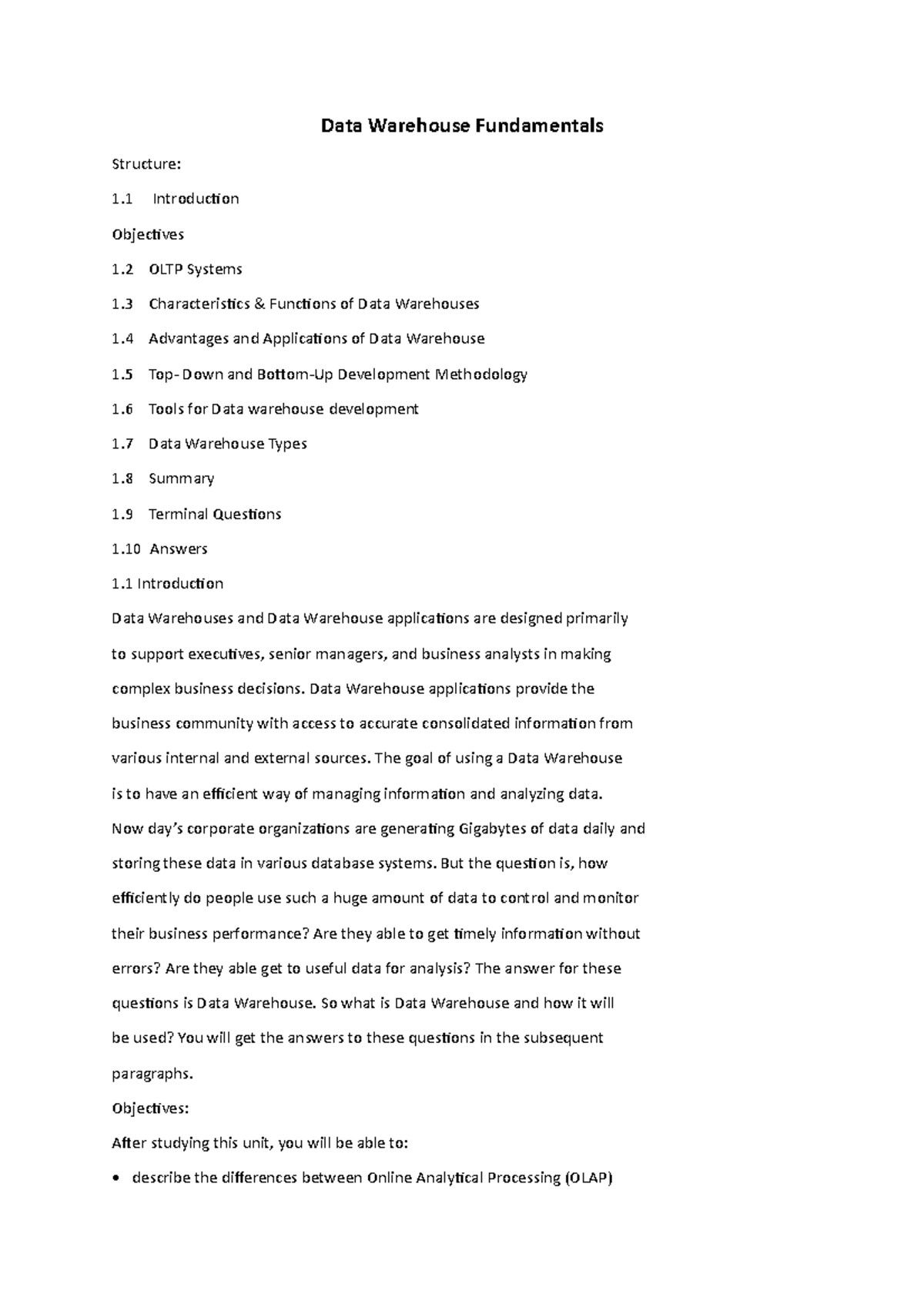 Data Warehouse Fundamentals - Data Warehouse Fundamentals Structure: 1 ...