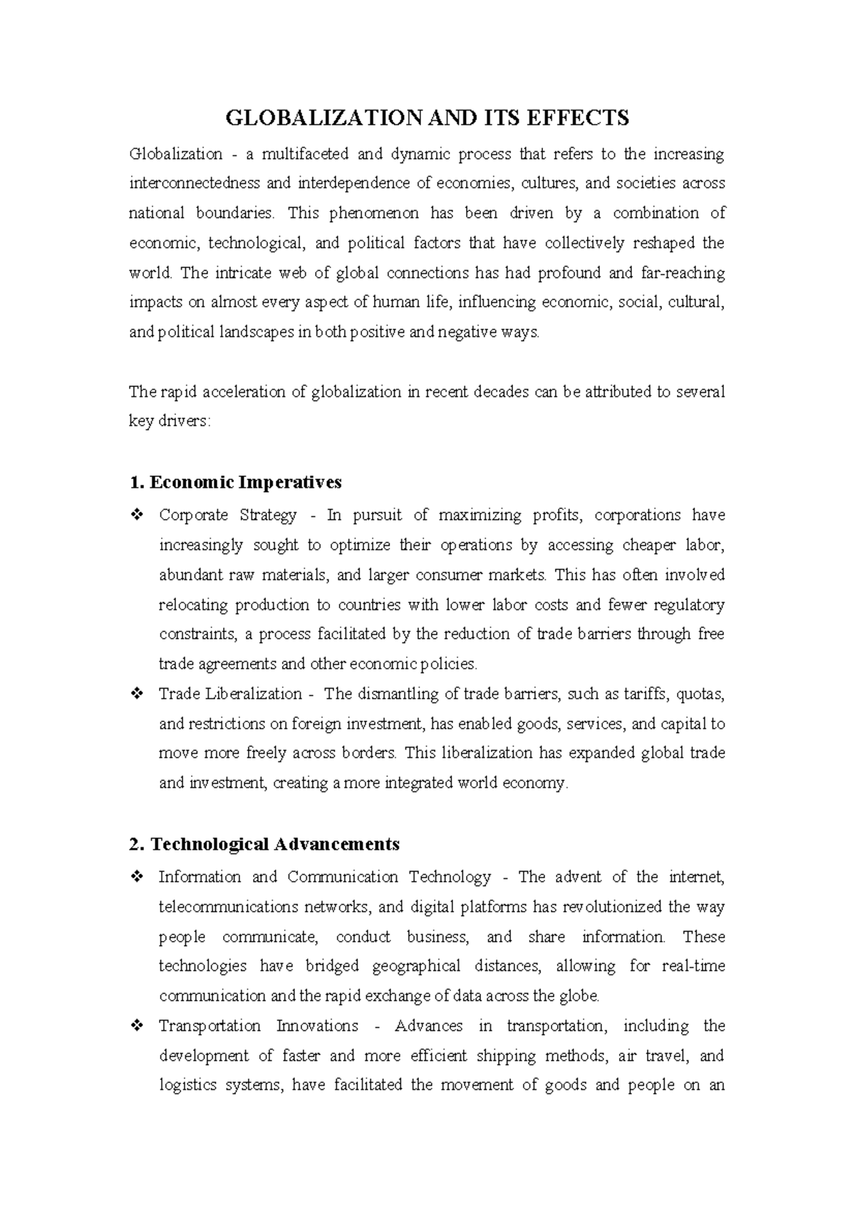 Globalization AND ITS Effects - GLOBALIZATION AND ITS EFFECTS Globalization - a multifaceted and ...