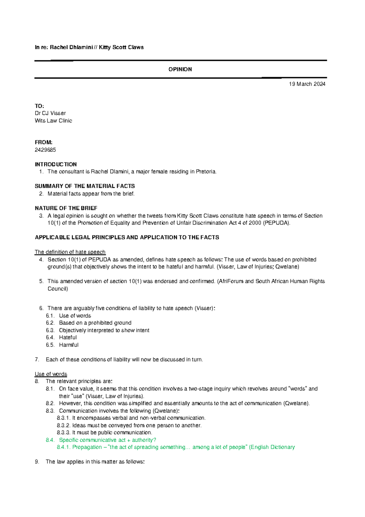 Legal Memo (Delict) - In re: Rachel Dhlamini // Kitty Scott Claws ...