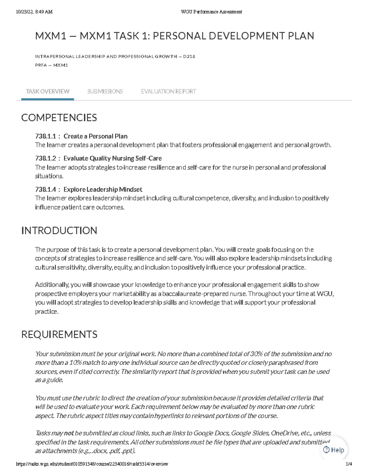WGU Performance Assessment - MXM1 — MXM1 TASK 1: PERSONAL DEVELOPMENT ...