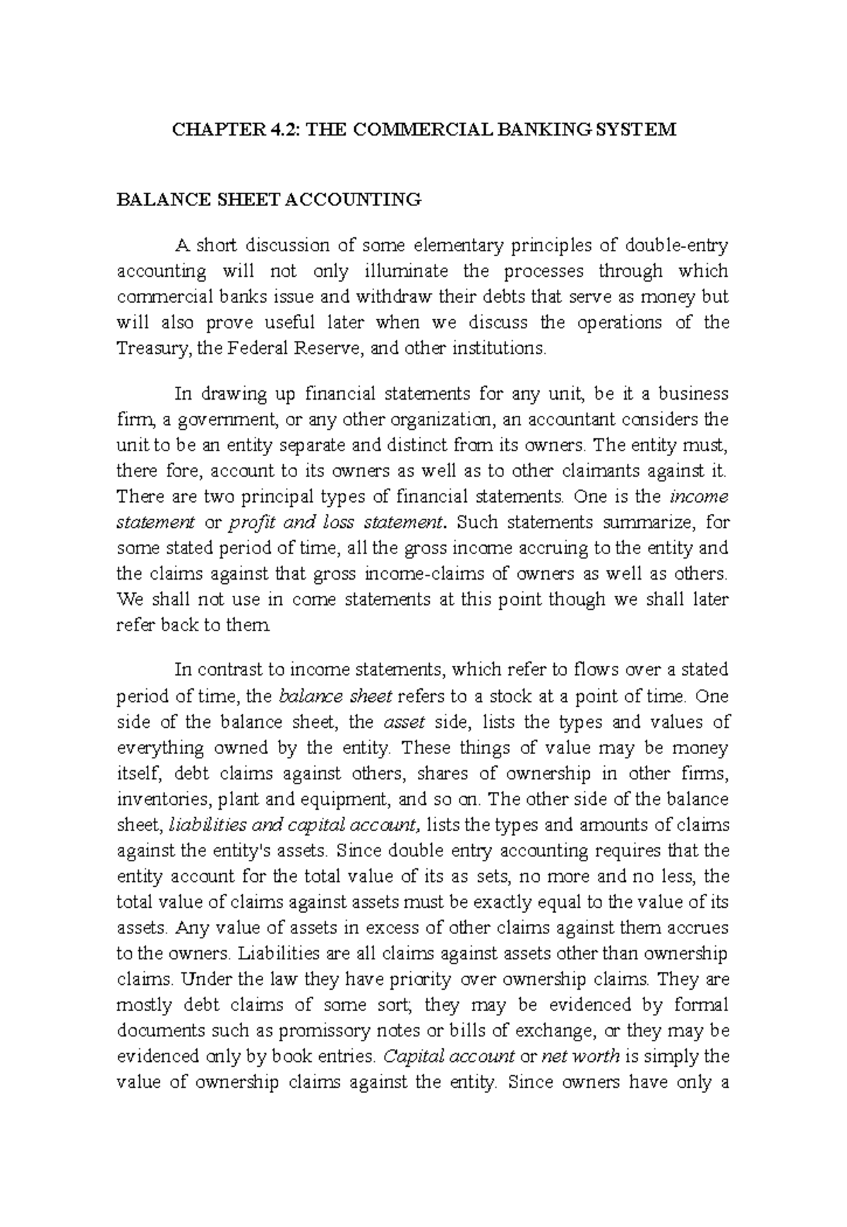 CHAPTER 4 THE COMMERCIAL BANKING SYSTEM: Balance Sheet Accounting ...