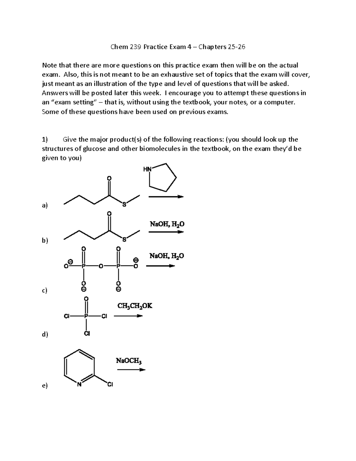 Chem 239 Practice Exam 4 - Chem 239 Practice Exam 4 – Chapters 25- Note ...