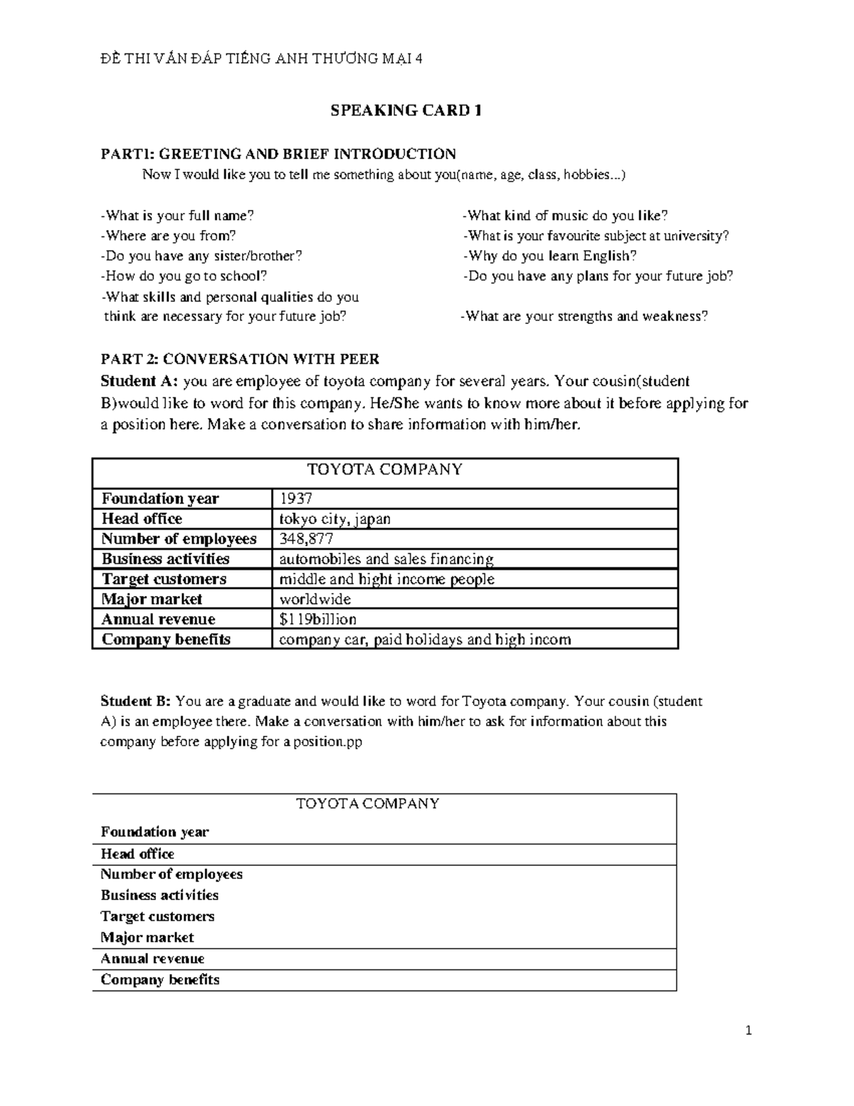 đề card ta4 - Card nói - SPEAKING CARD 1 PART1: GREETING AND BRIEF ...