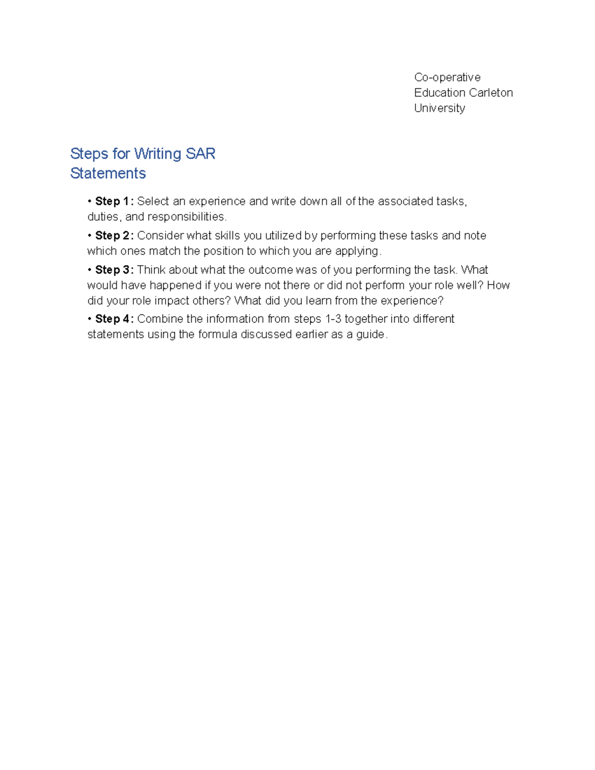 Steps SAR Statements acc - Co-operative Education Carleton University Steps for Writing SAR ...