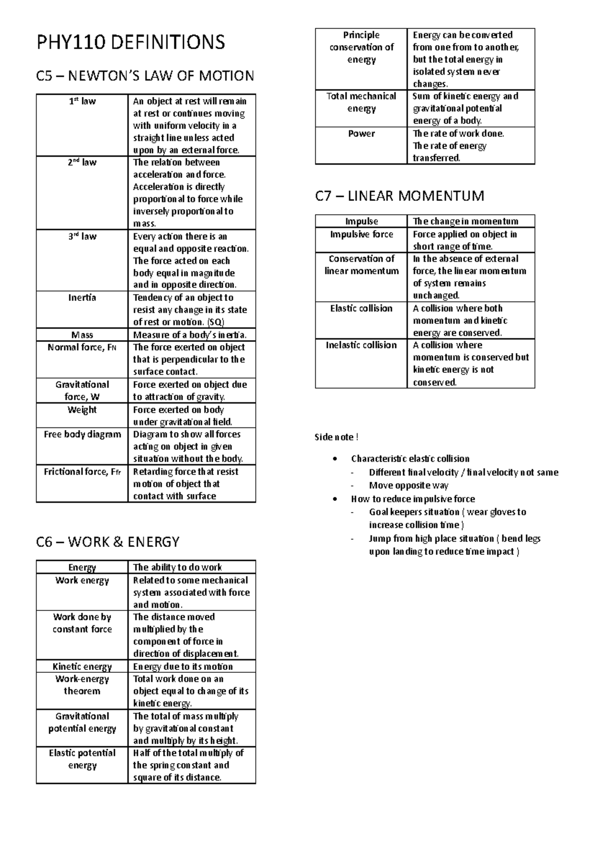 Phy110 definition edited - PHY110 DEFINITIONS C5 – NEWTON’S LAW OF ...