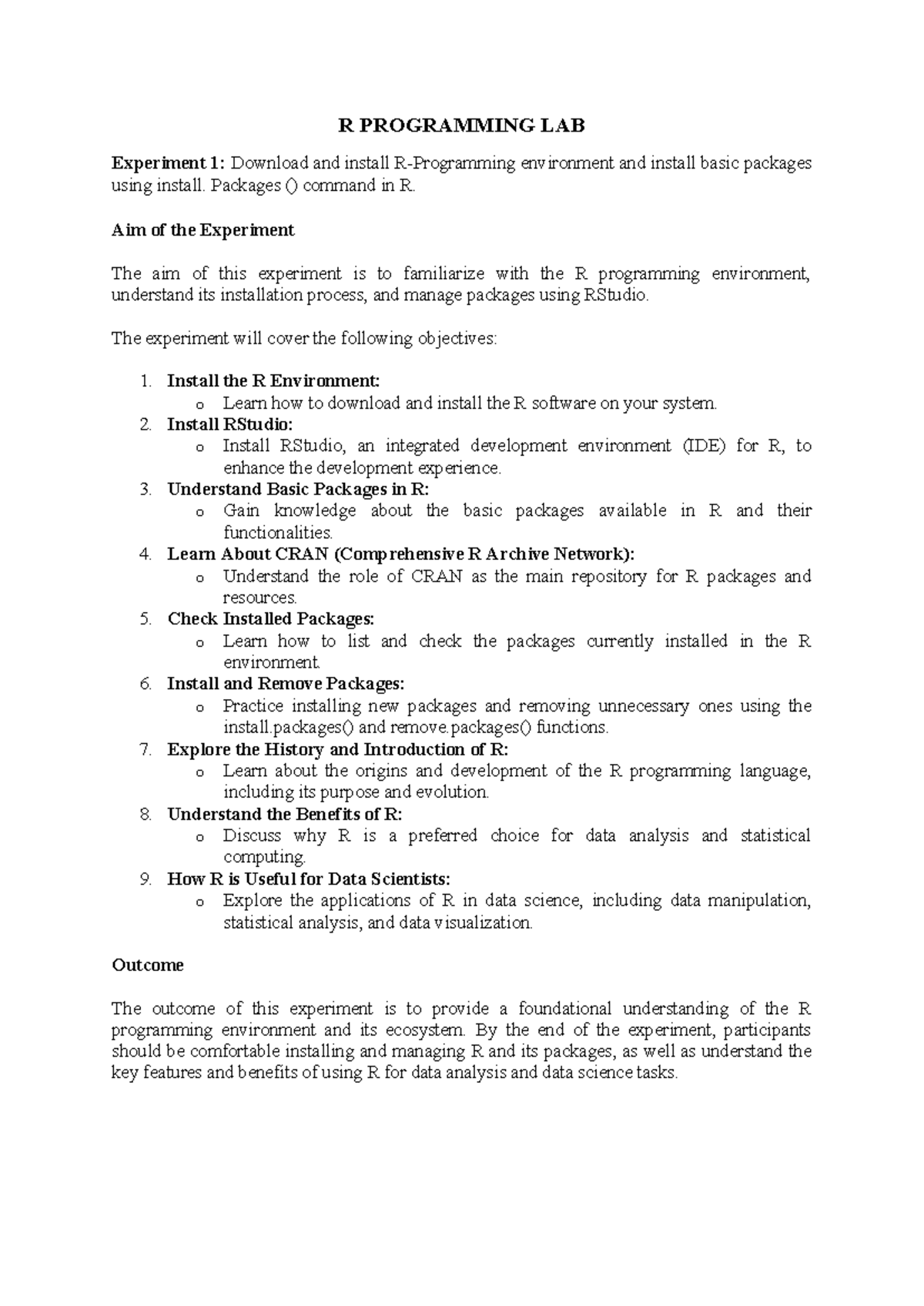 R programming Lab Experiments AIM - R PROGRAMMING LAB Experiment 1: Download and install - Studocu
