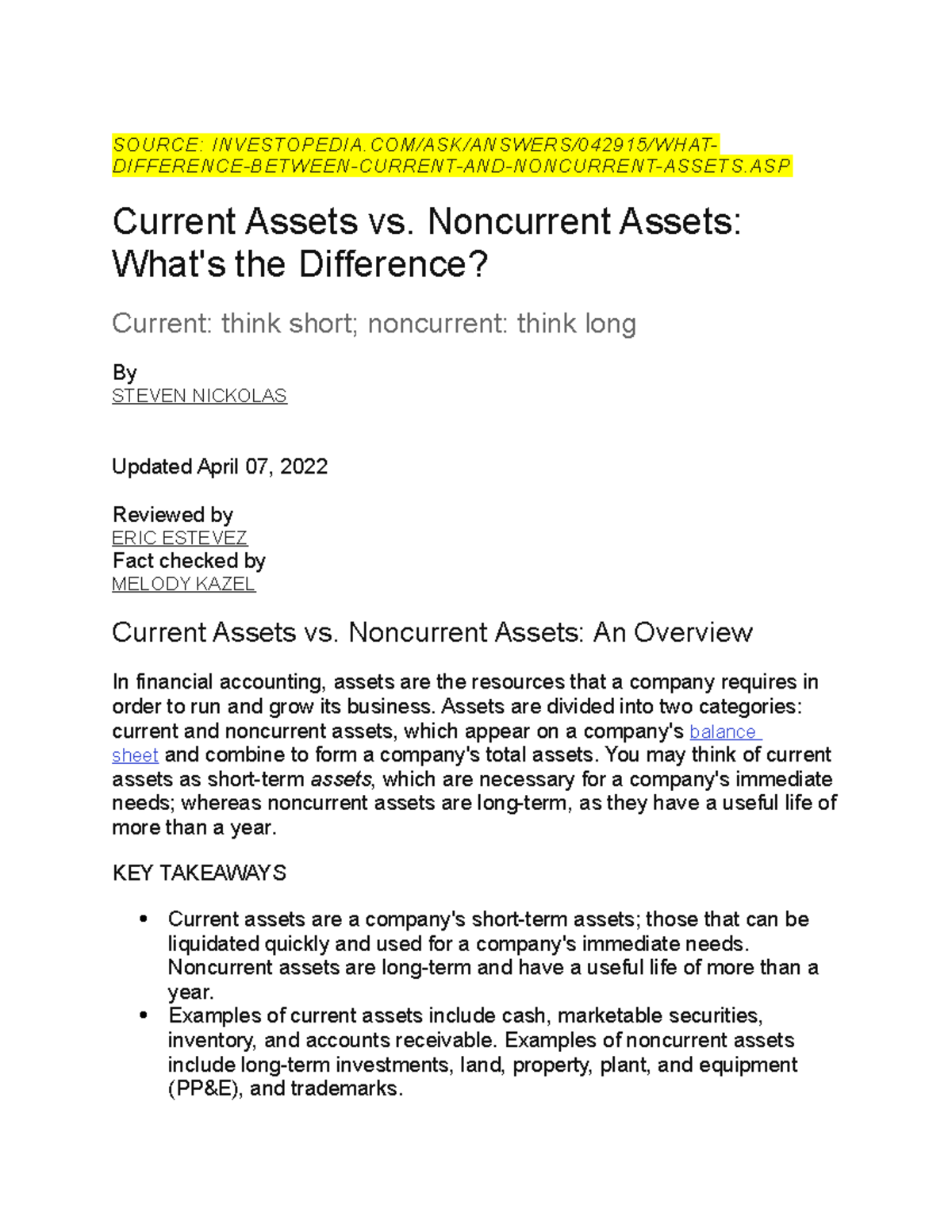 BS-Current and Non-Current Asset-Investopedia - SOURCE: INVESTOPEDIA ...