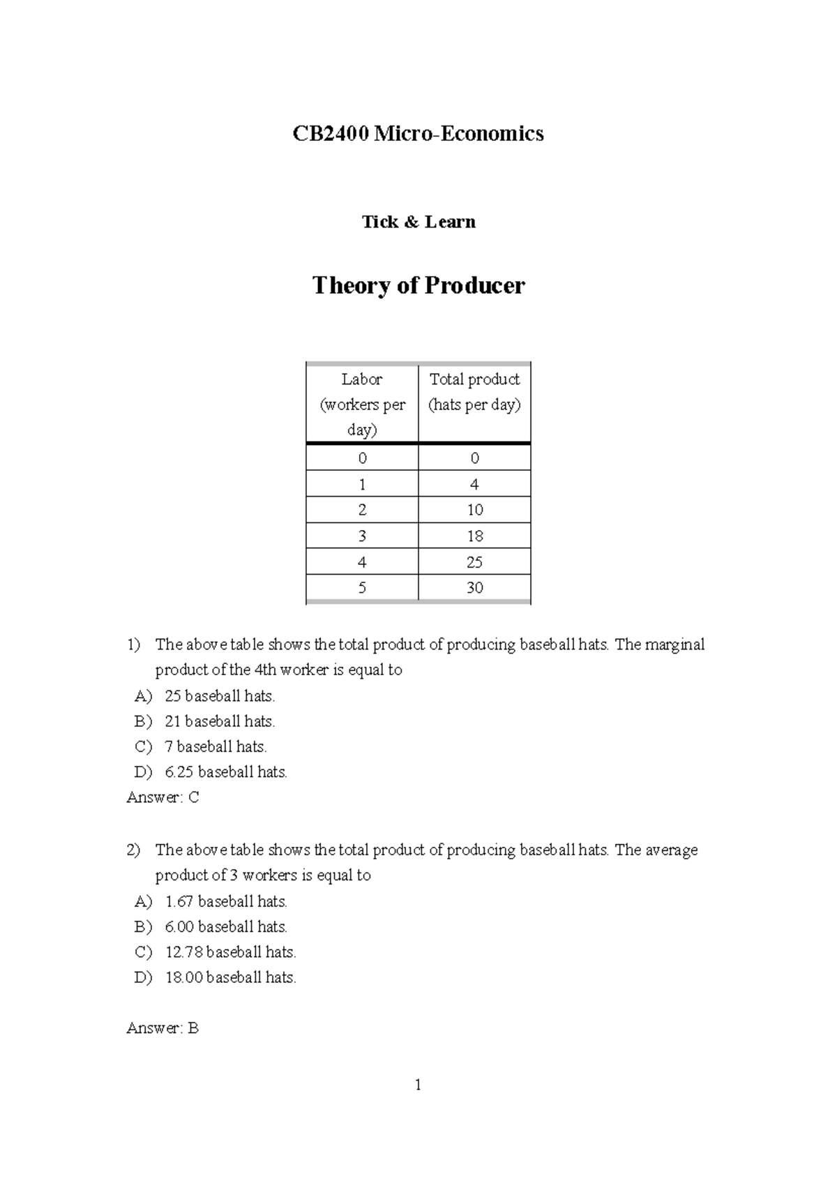 (05) CB2400 Tick & Learn Theory OF Producer - CB2400 Micro-Economics Tick & Learn Theory of ...