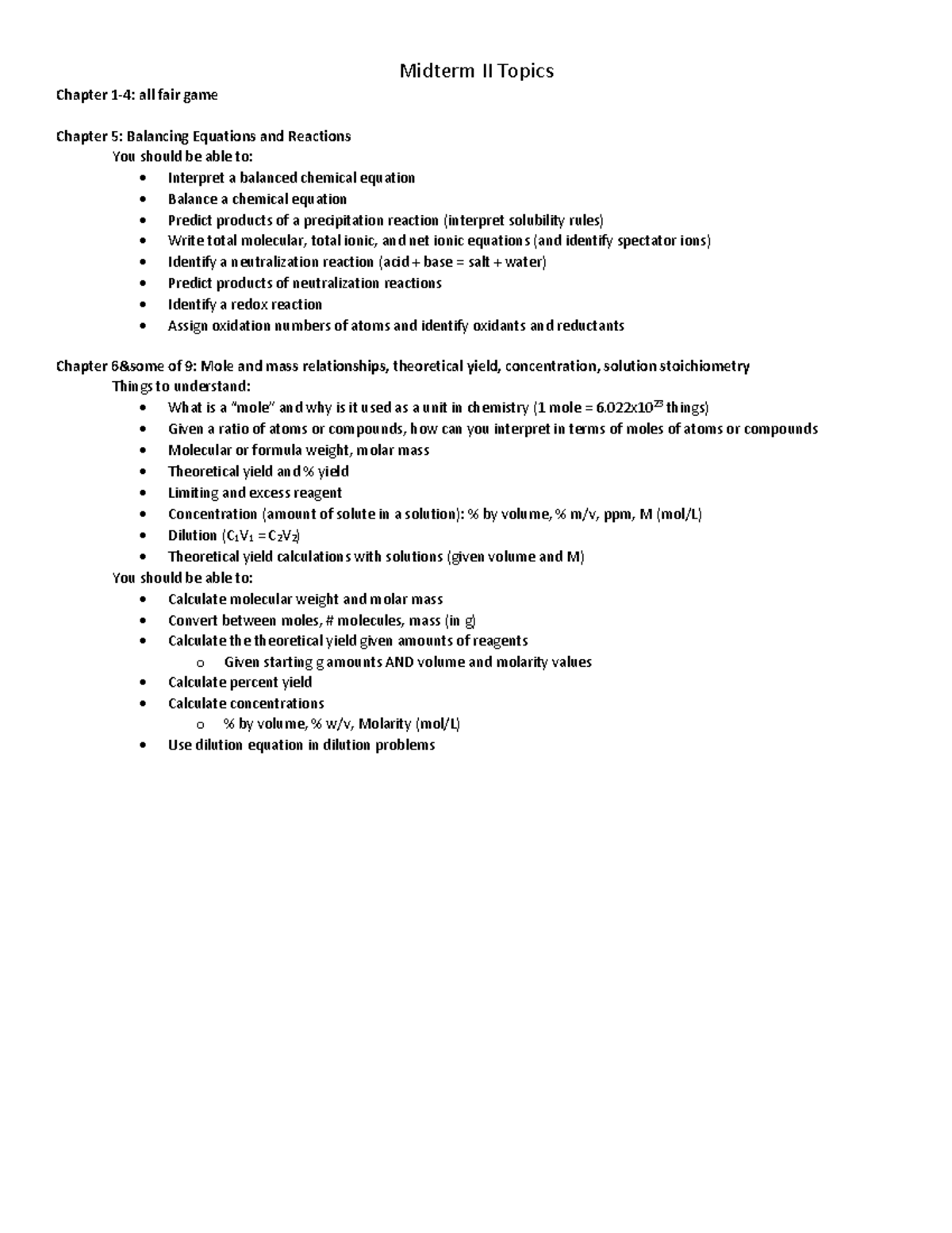 Midterm III topics to review - Midterm II Topics Chapter 1-4: all fair game Chapter 5: Balancing ...