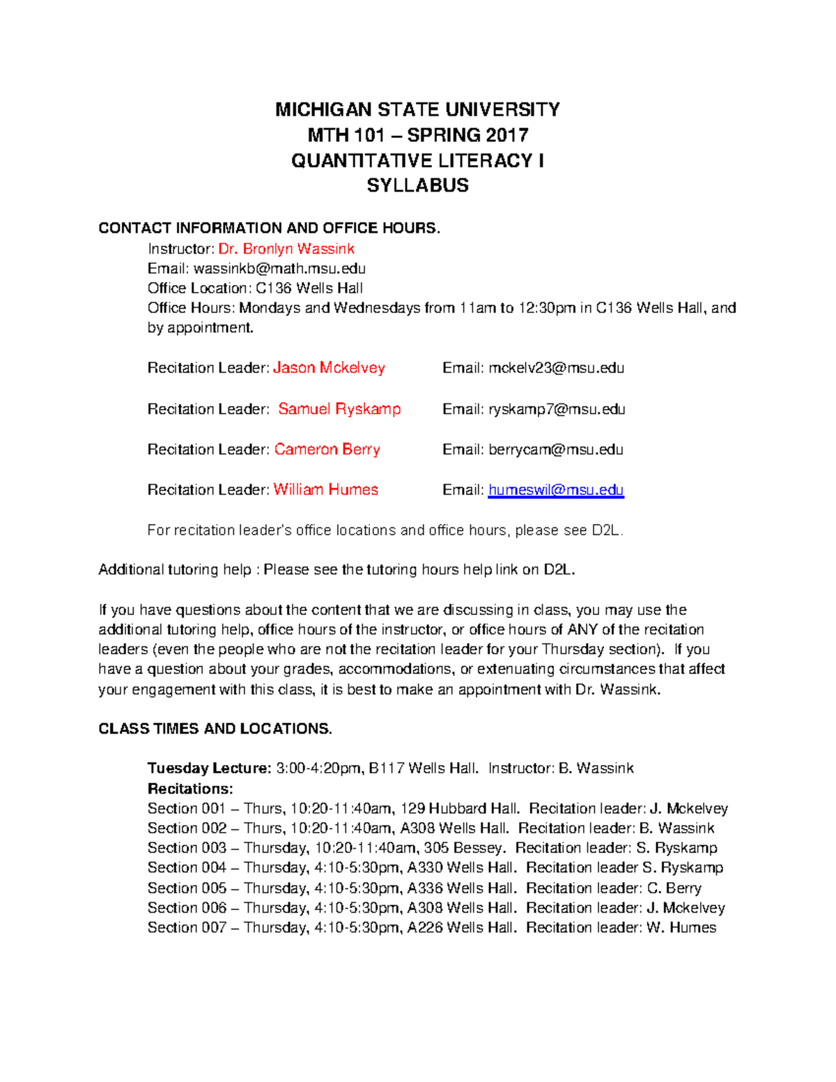 SS17MTH101syllabusv 2 - MICHIGAN STATE UNIVERSITY MTH 101 – SPRING 2017 ...