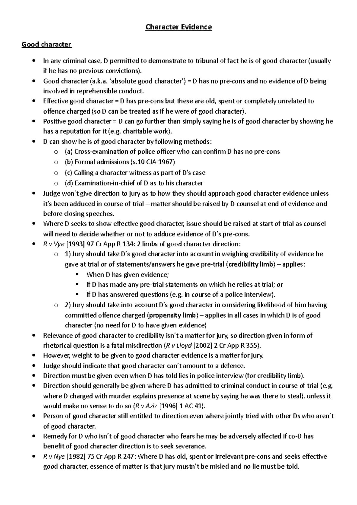 Character Evidence - bptc notes - Character Evidence Good character In ...