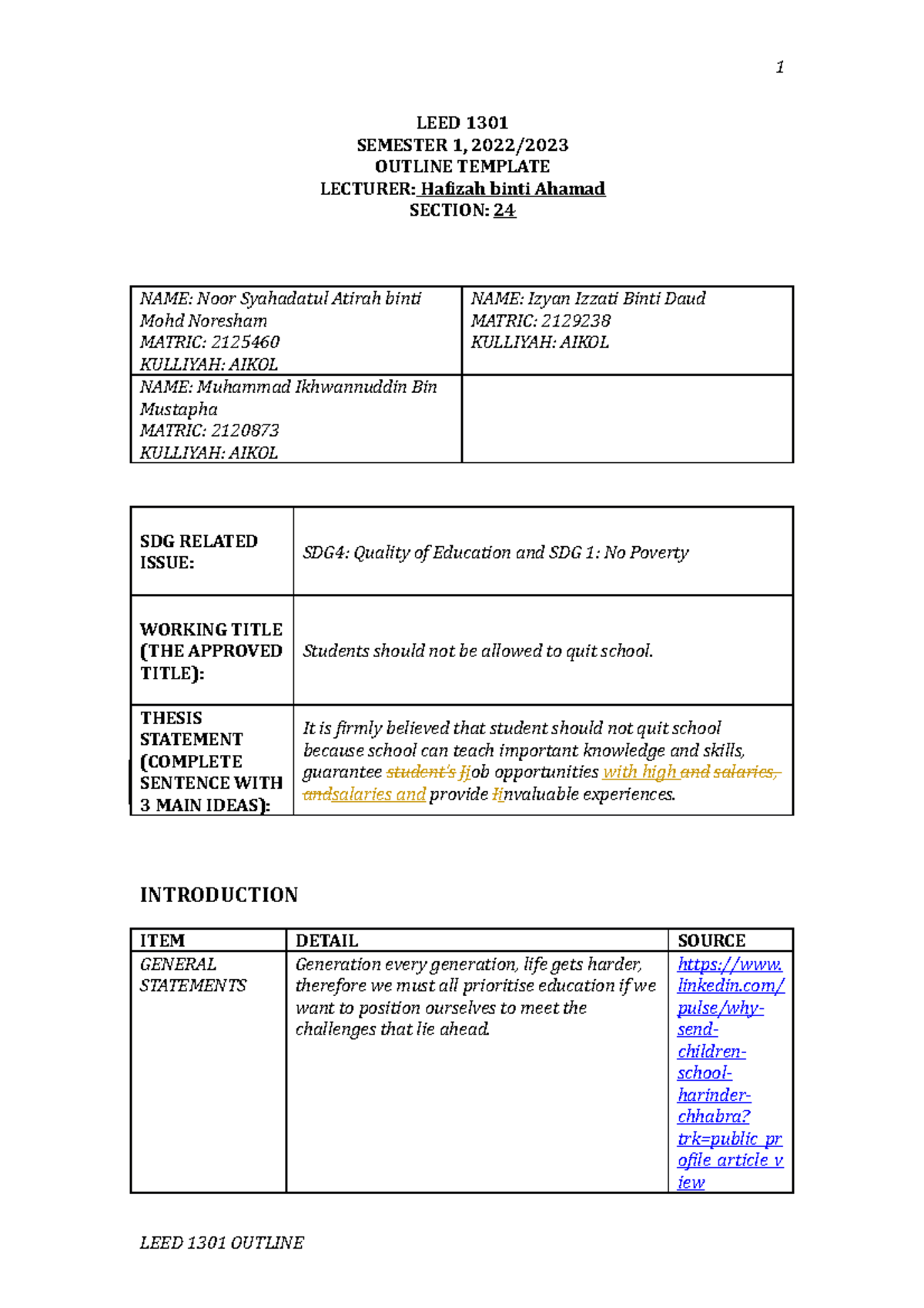 Outline EE group 2 - LEED 1301 SEMESTER 1, 2022/ OUTLINE TEMPLATE ...