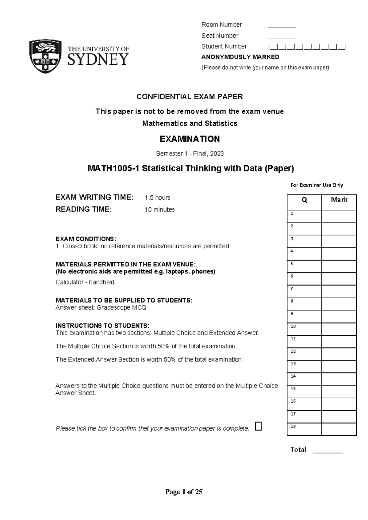 Math1062 1005 sample exam S1 2024 - CONFIDENTIAL EXAM PAPER This paper ...