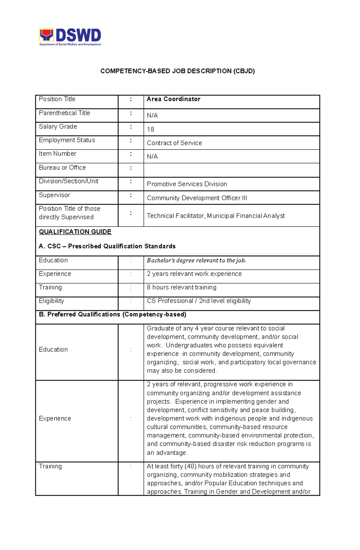 Area Coordinator - Employment opportunities - COMPETENCY-BASED JOB ...