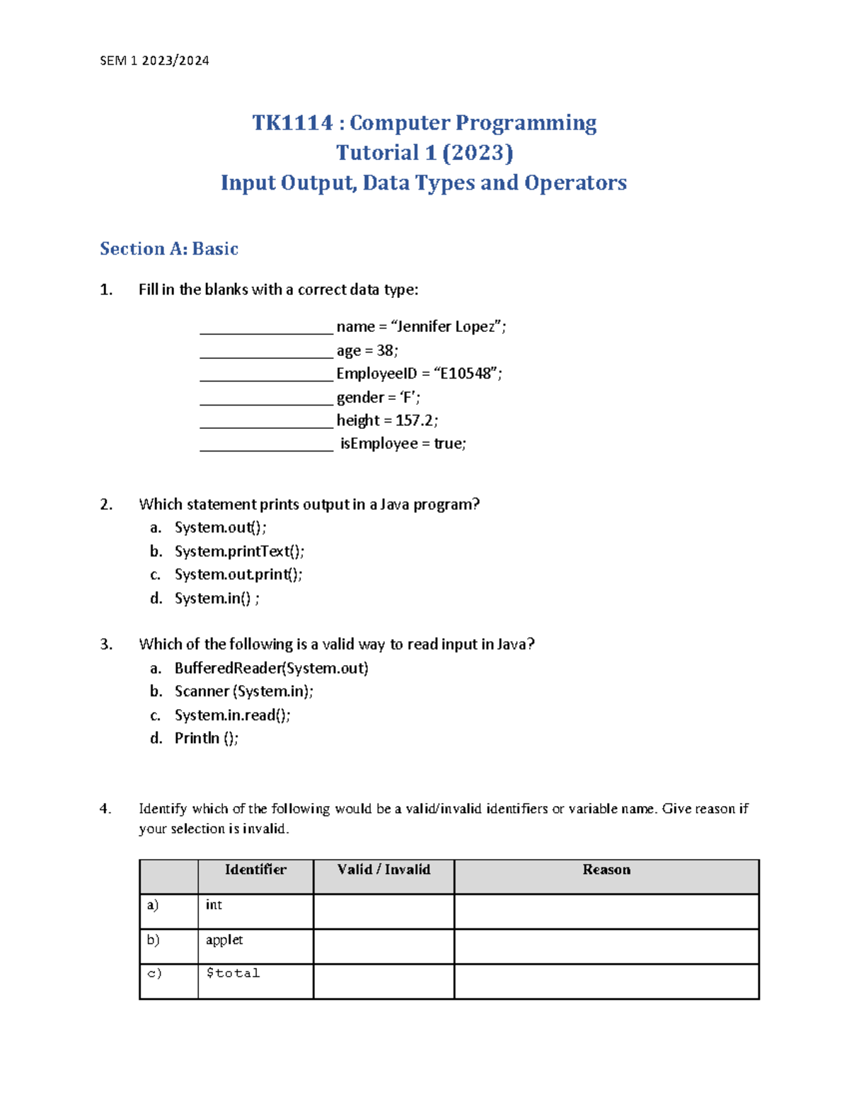 Tutorial 1 Computer Programming Tk1114 Computer Programming 7011