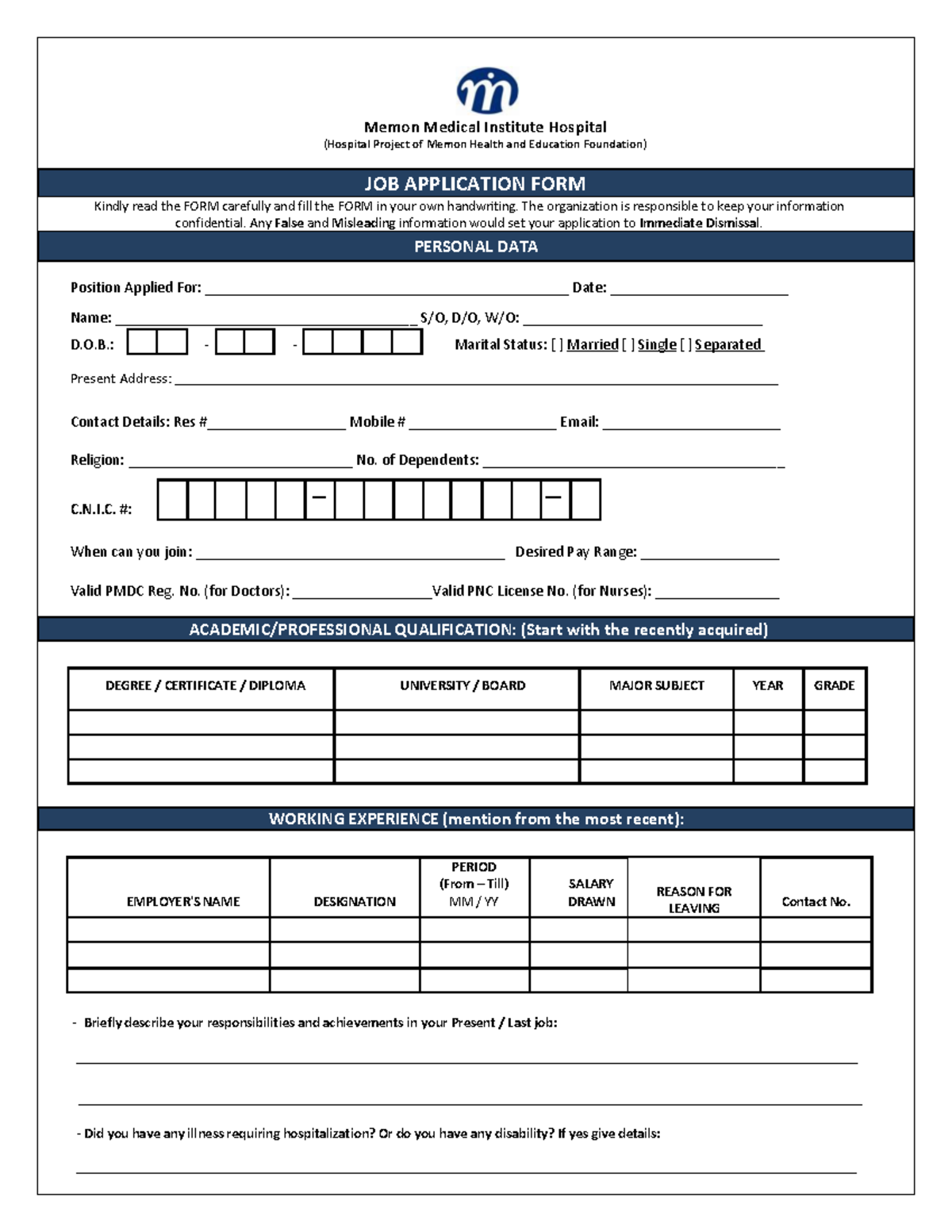 Physiotherapy Job Application Form - Memon Medical Institute Hospital ...