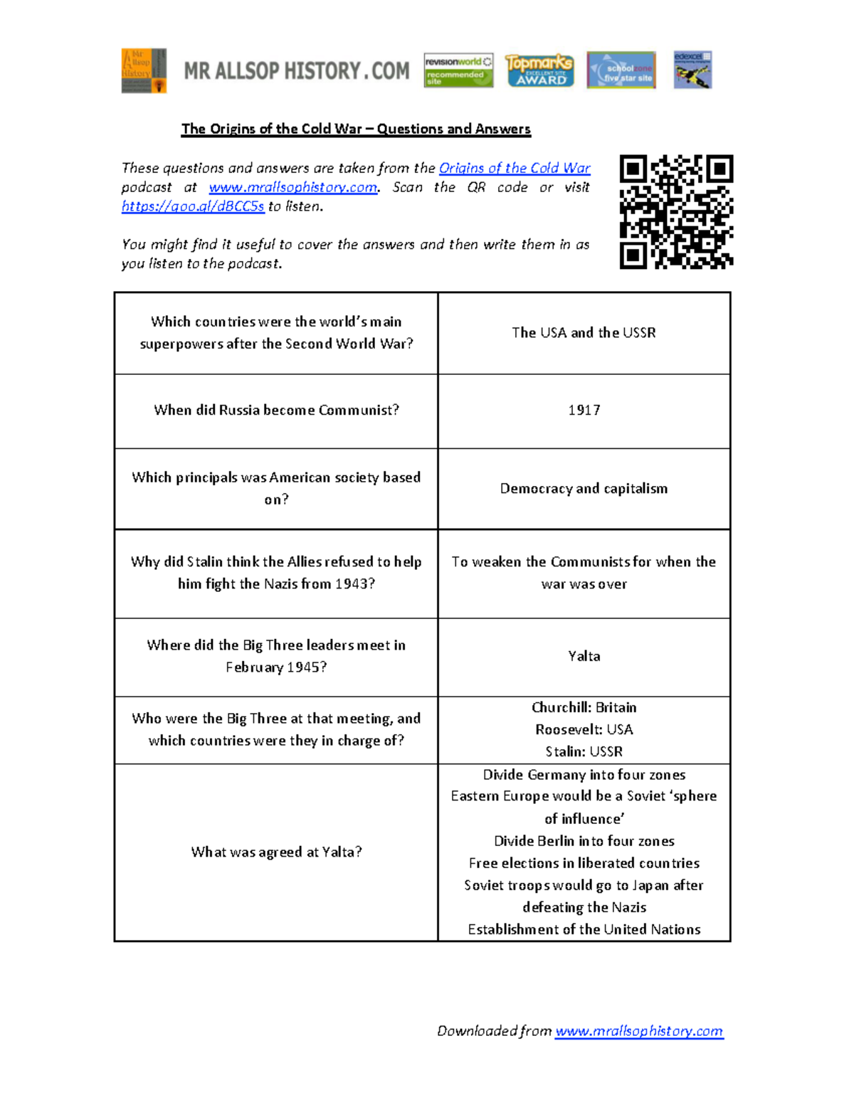 Origins of the Cold War - Questions and Answers - 01-Origins-of-the ...