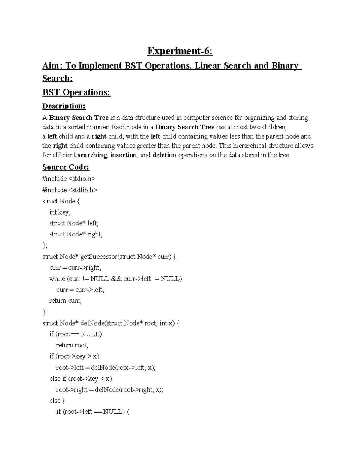 Daa exp-6 - jss aktu lab exp 6 - Experiment-6: Aim: To Implement BST Operations, Linear Search ...
