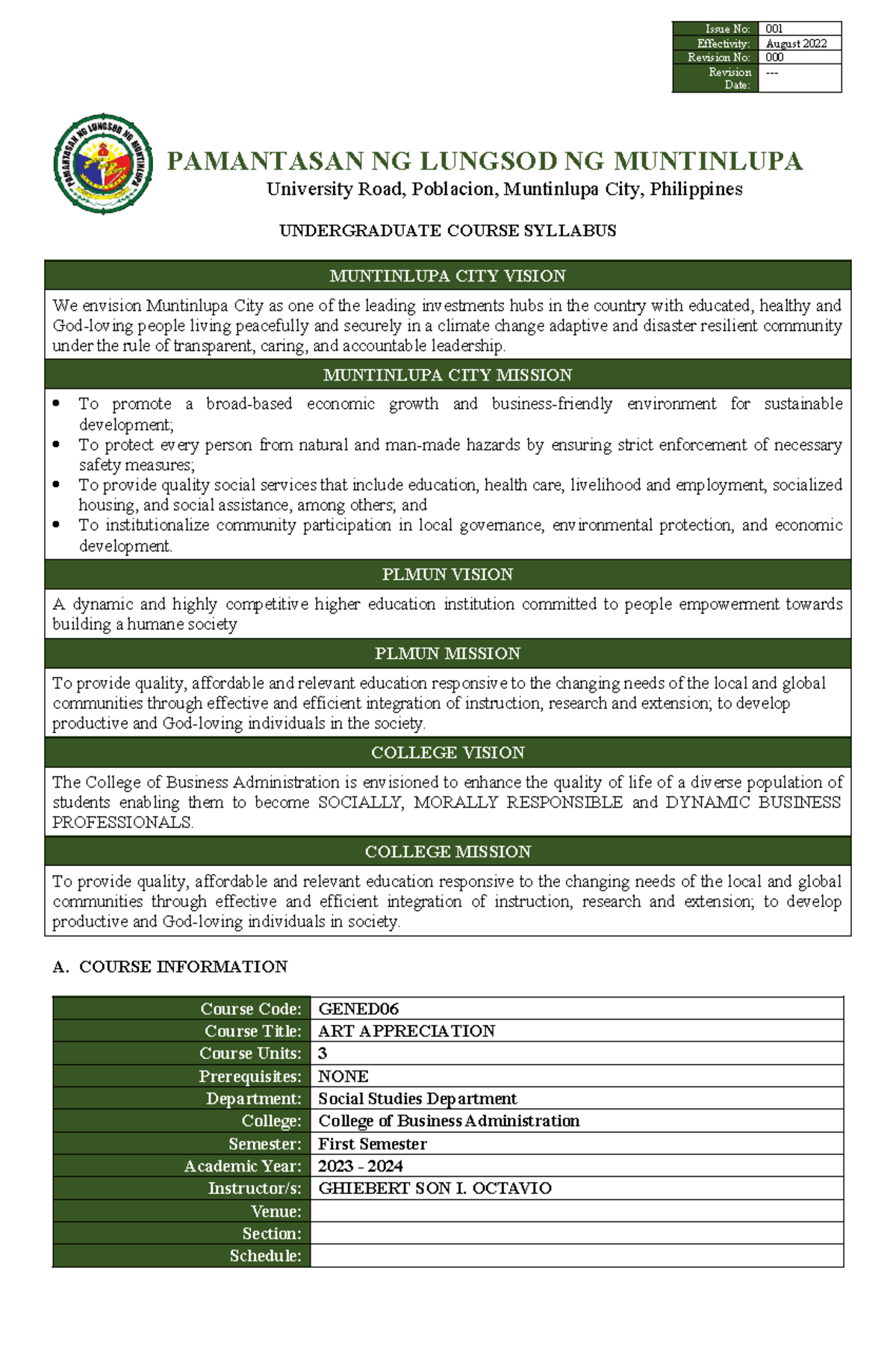 CBA BSBA Human Resource ART Appreciation Syllabus 1ST SEM AY 2023-2024 ...
