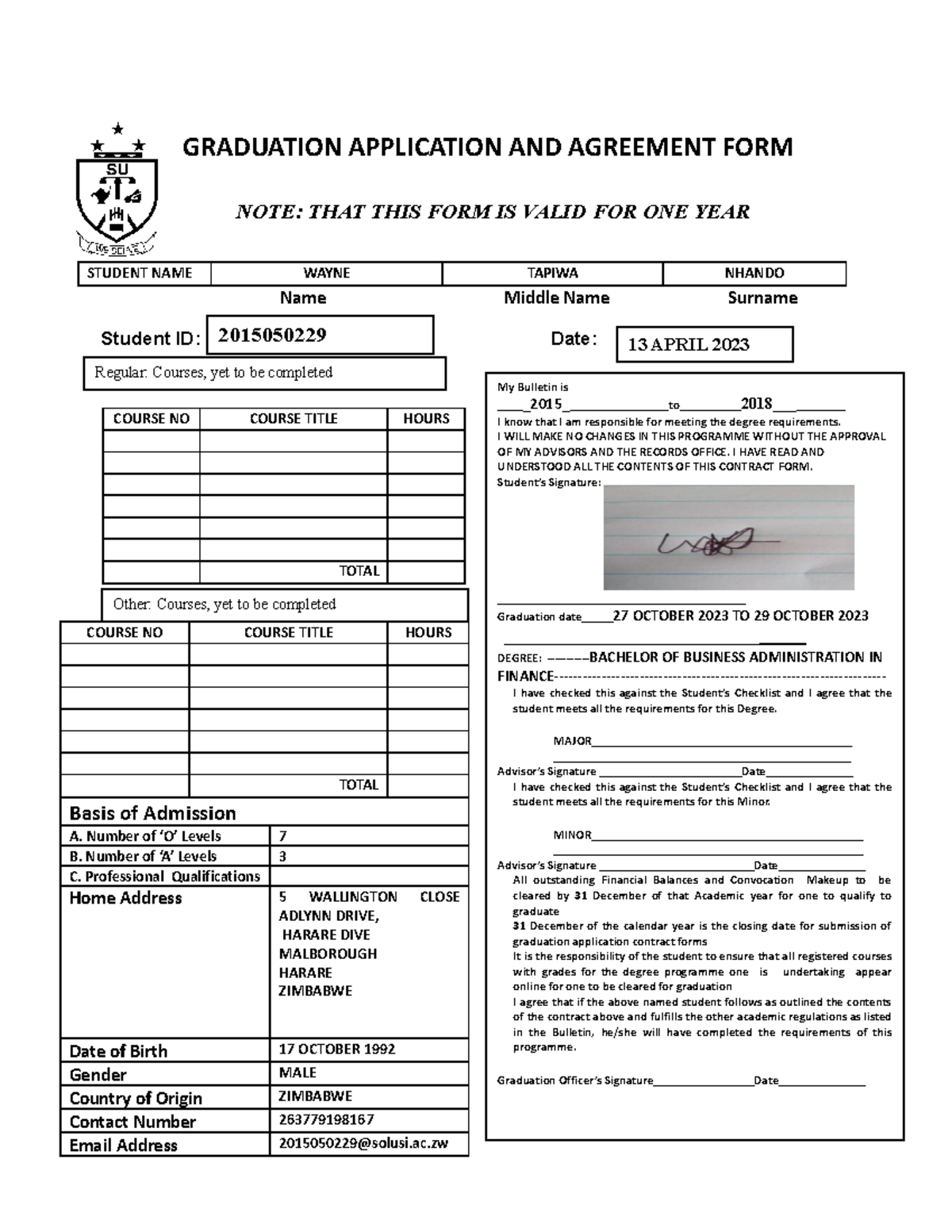 Graduation Application FORM- Wayne Tapiwa Nhando - STUDENT NAME WAYNE ...