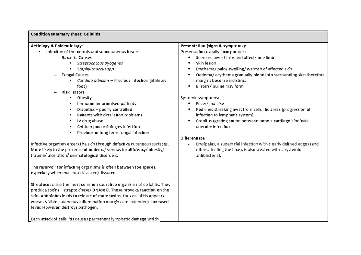 Cellulitis - Condition summary sheet: Cellulitis Aetiology ...