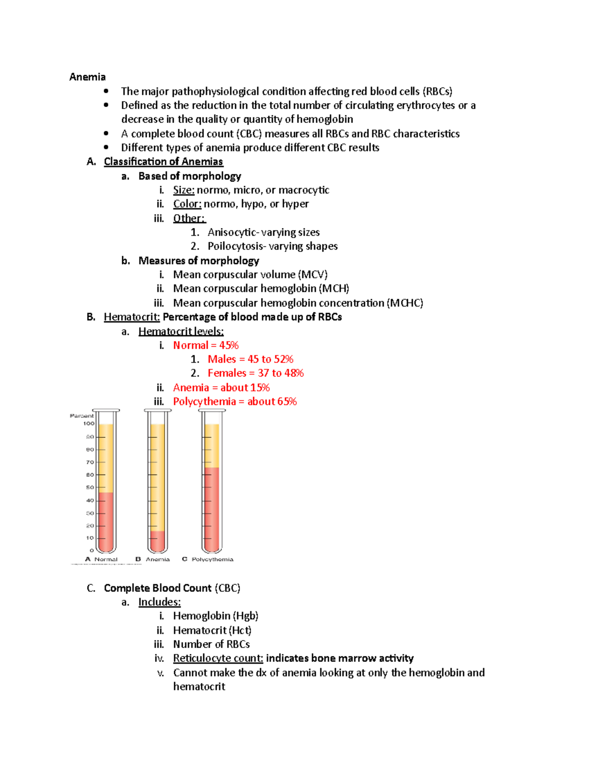 Anemia Study guide - ABSN program - Anemia The major pathophysiological ...