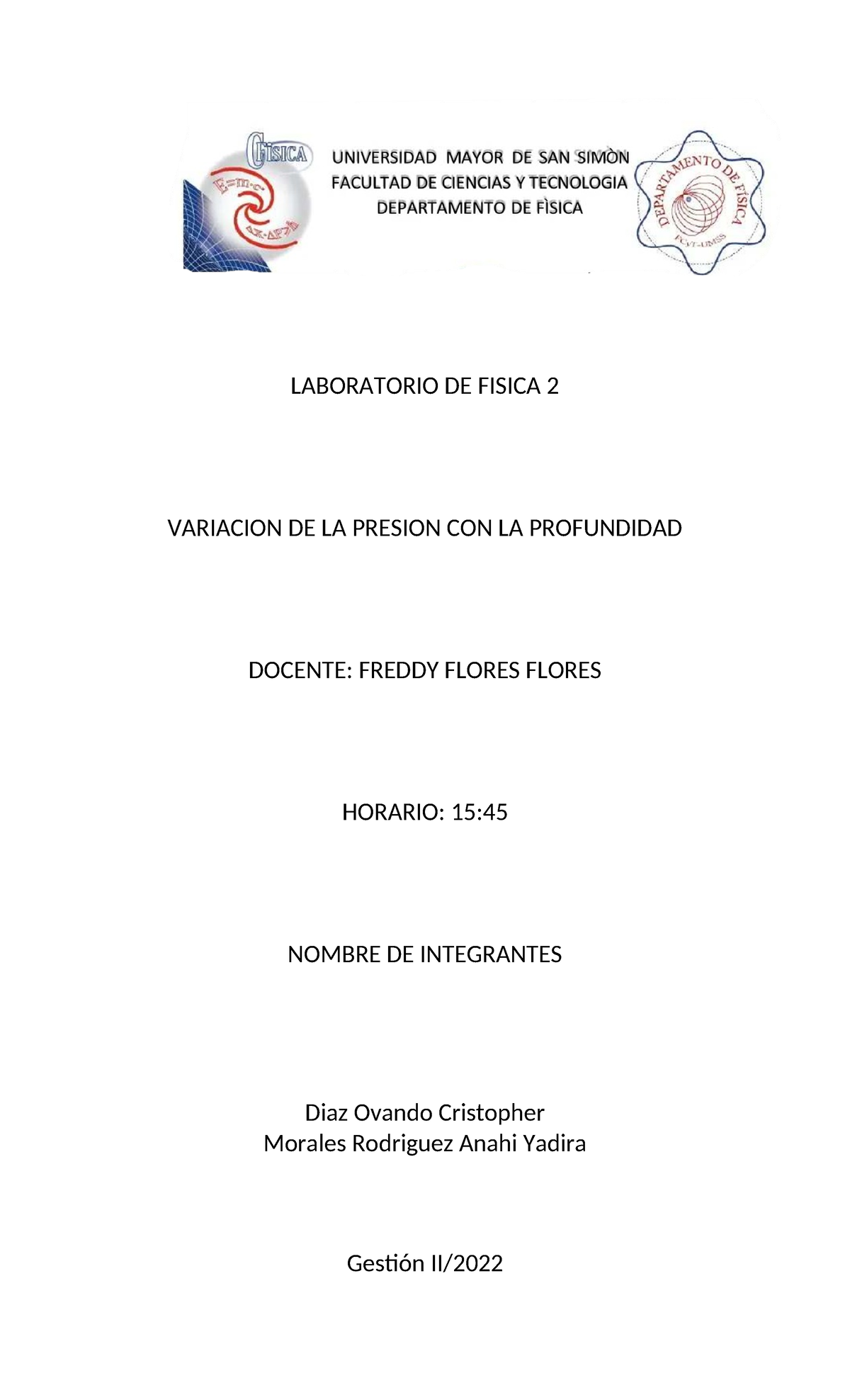P3 - practica 8 - LABORATORIO DE FISICA 2 VARIACION DE LA PRESION CON LA PROFUNDIDAD DOCENTE ...